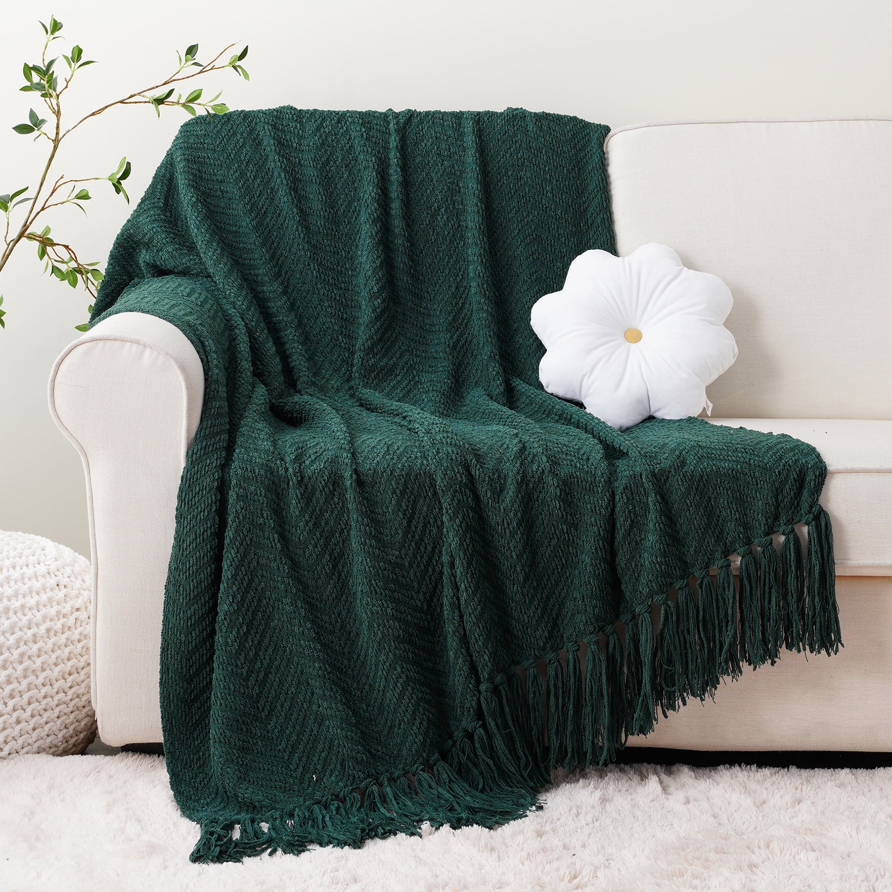Battilo Forest Green Throw Blanket,Herringbone Knit Christmas Throw for ...