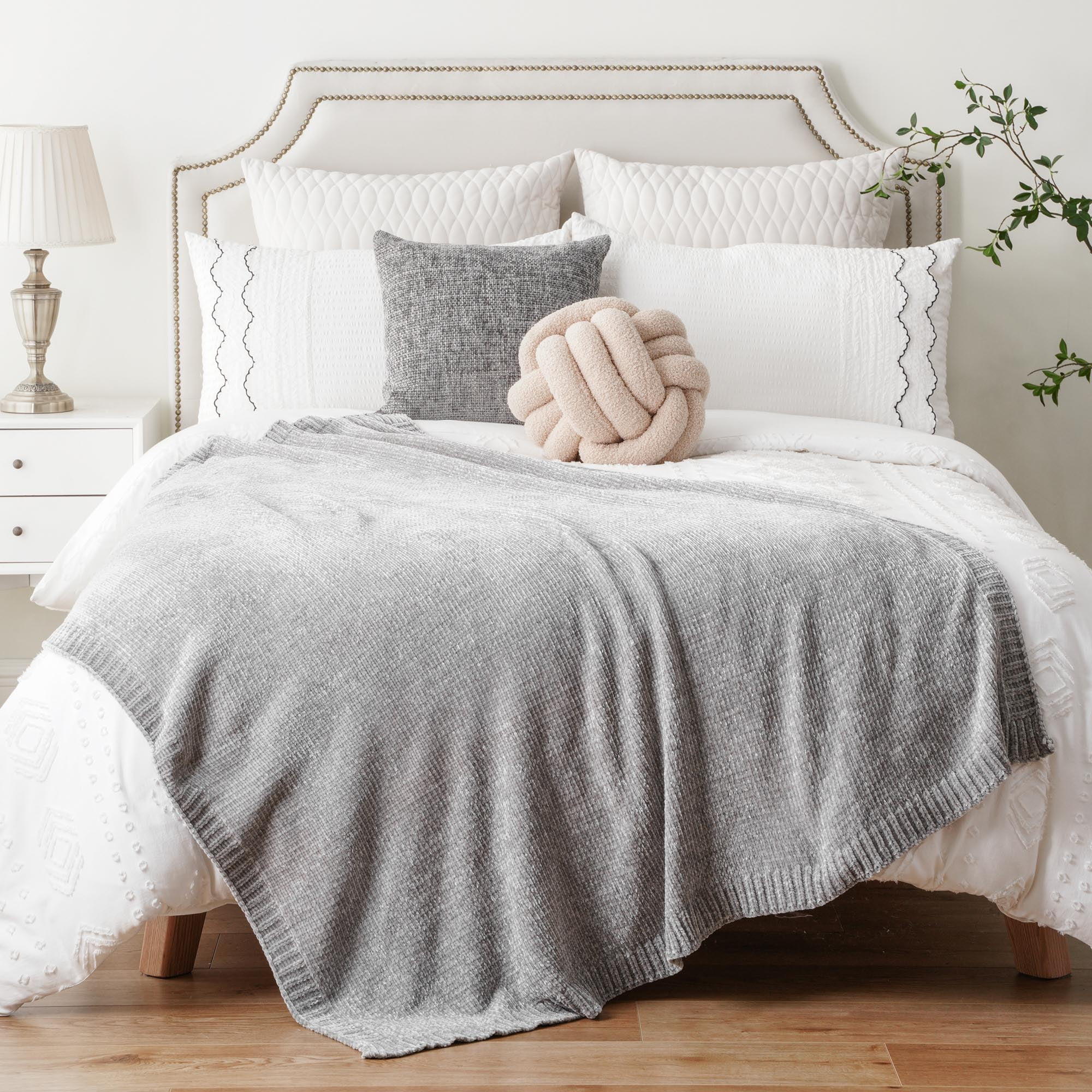 Battilo Grey Throw Blanket Chenille Knit Throws for Couch Bed, Super ...
