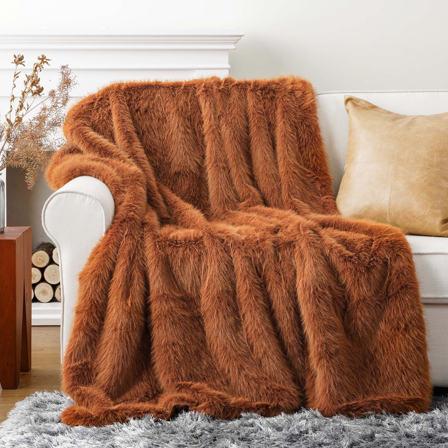 Battilo Luxury Fluffy Orange Faux Fur Throw Blanket, Fall Rust Fur ...