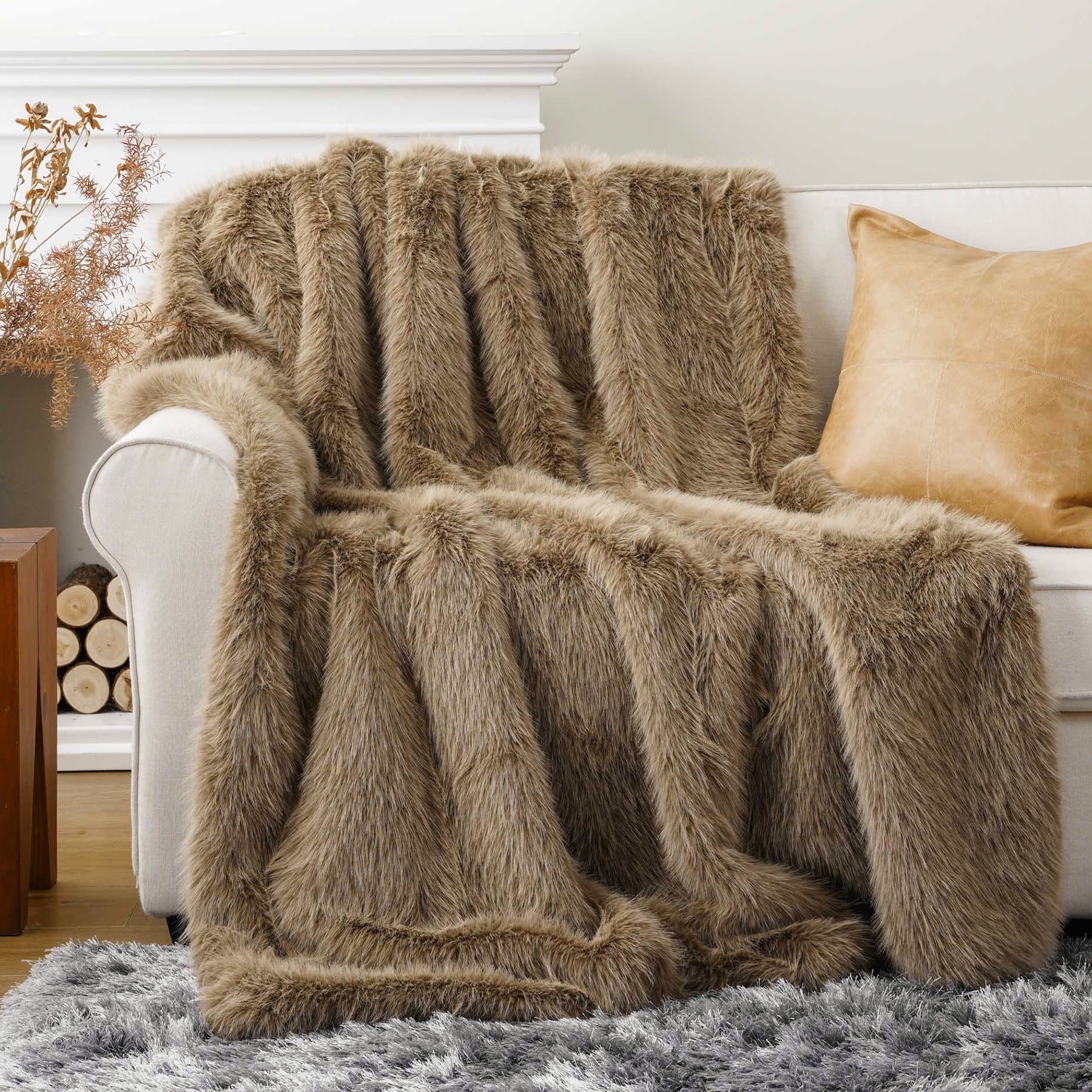 Battilo Luxury Fluffy Tan Faux Fur Throw Blanket, Soft Cozy Warm Khaki ...