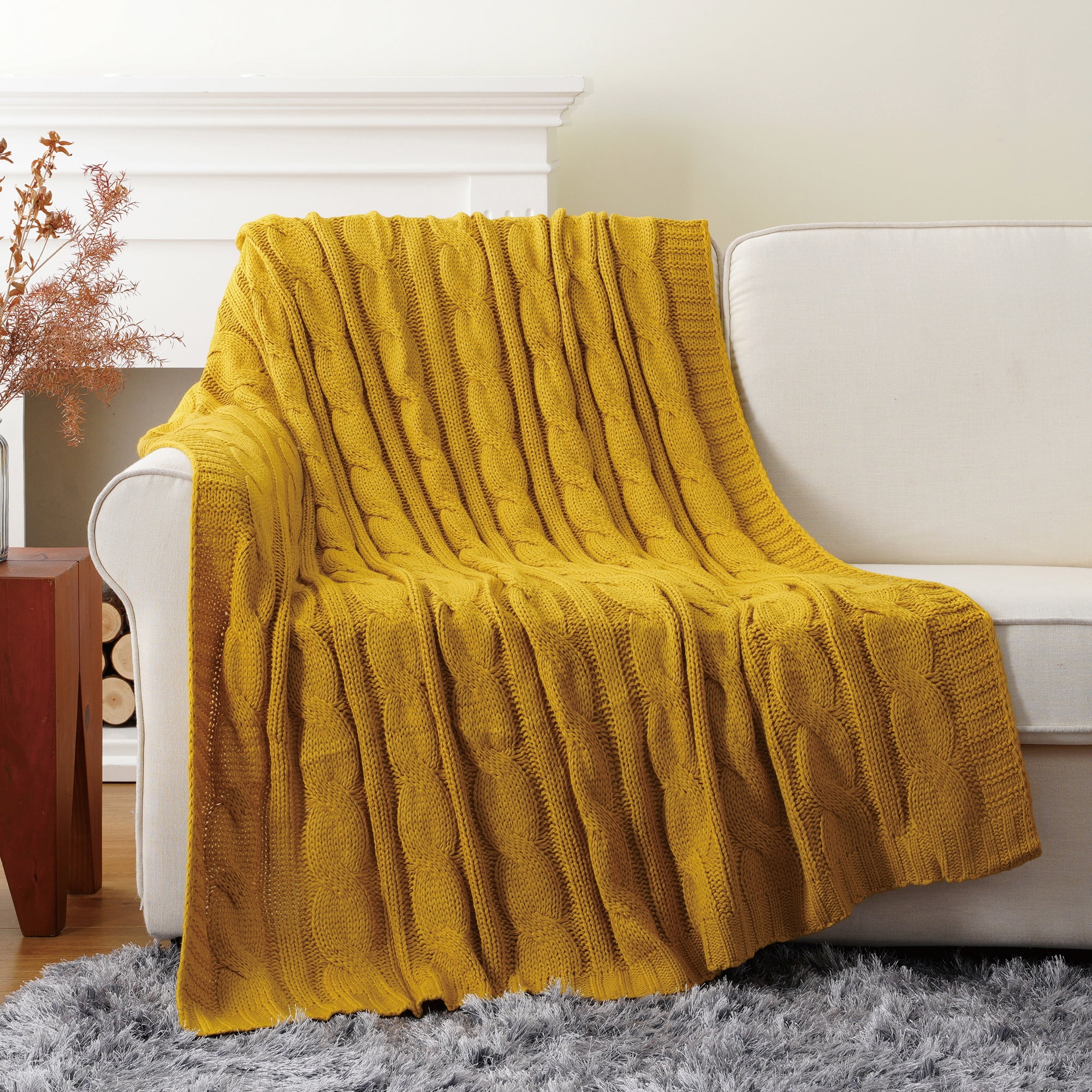 Battilo Cozy Mustard Cable Knit Throw Blanket, Yellow Herringbone, Dorm ...