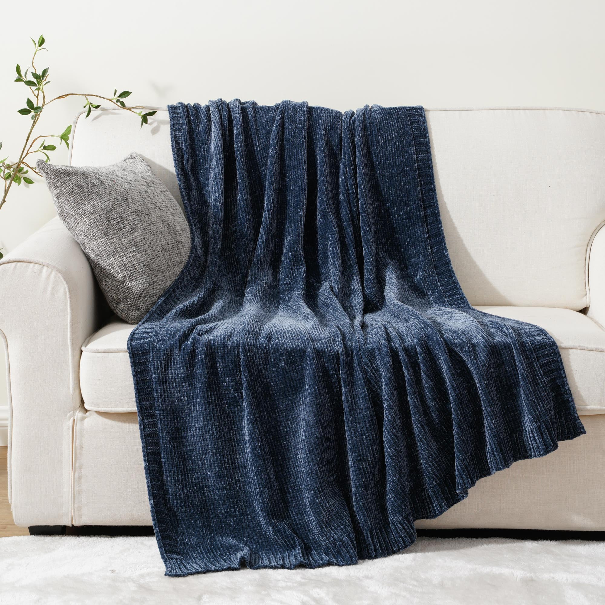 Battilo Navy Blue Chenille Knit Throw Blanket, Lightweight, Cozy for ...