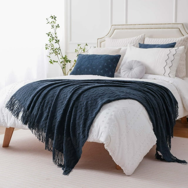 Battilo Navy Blue Throw Blanket for Couch, Textured Soft Navy Throw ...