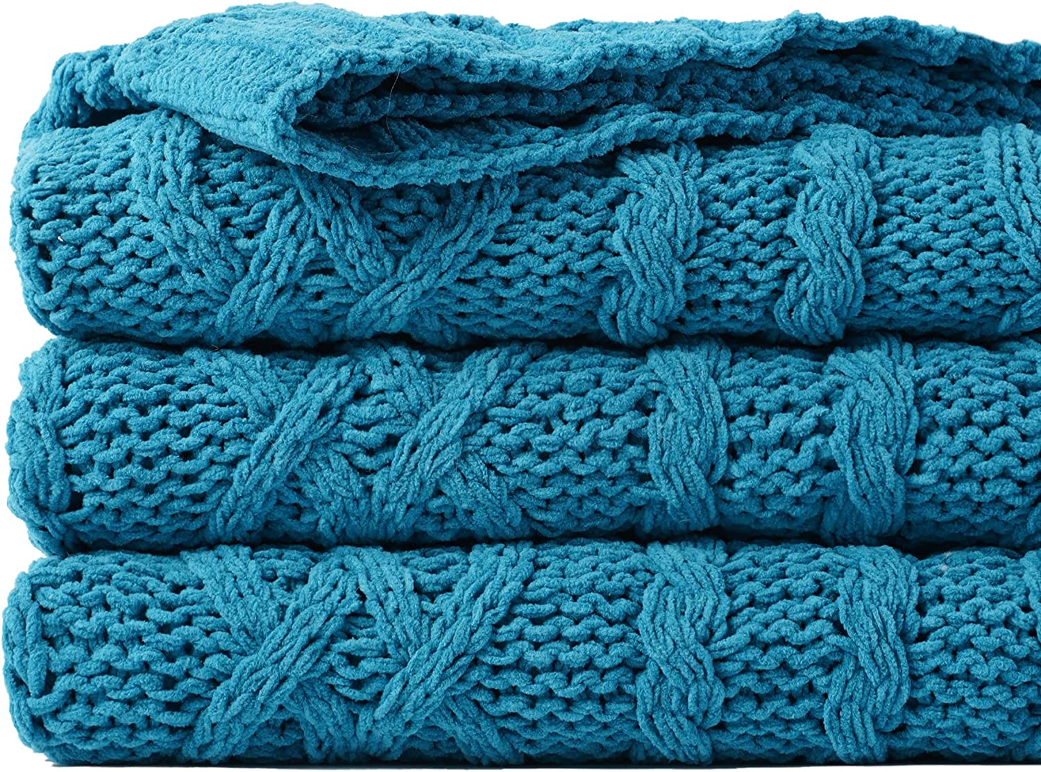 Battilo Teal Blue Throw Blanket,Chenille Cable Knit Throw Blankets,Cozy ...