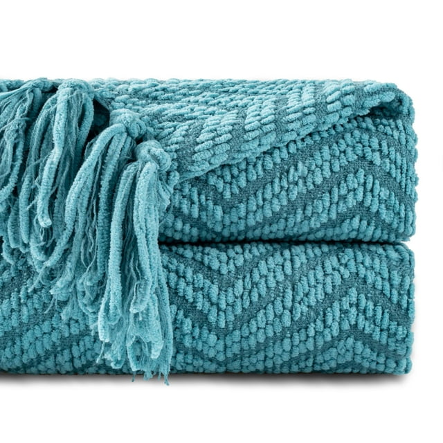 "Battilo Cozy Teal Throw Blanket with Braided Fringe, Comfortable Sofa ...