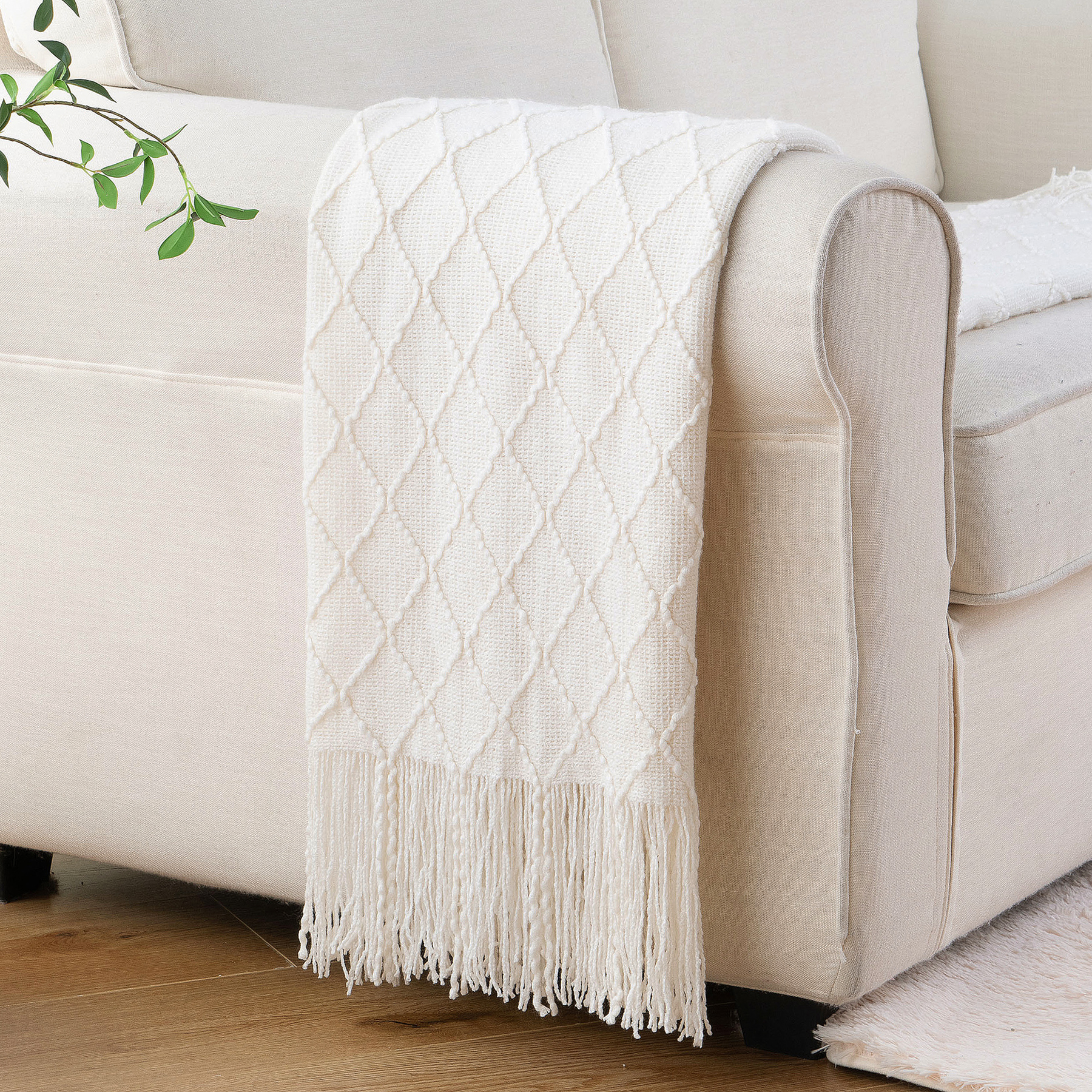 "Battilo Cozy Woven Comfort Cable Throw Blanket, Cream, 50""x60 ...