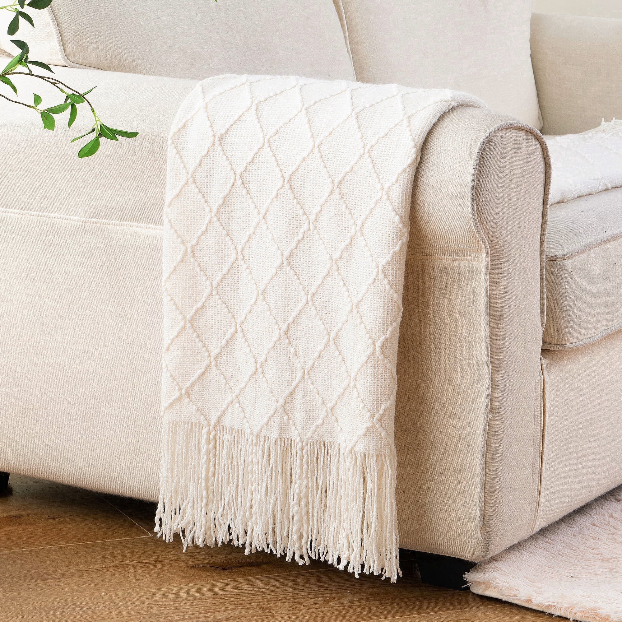 "Battilo Cozy Woven Comfort Cable Throw Blanket, Cream, 50""x60 ...