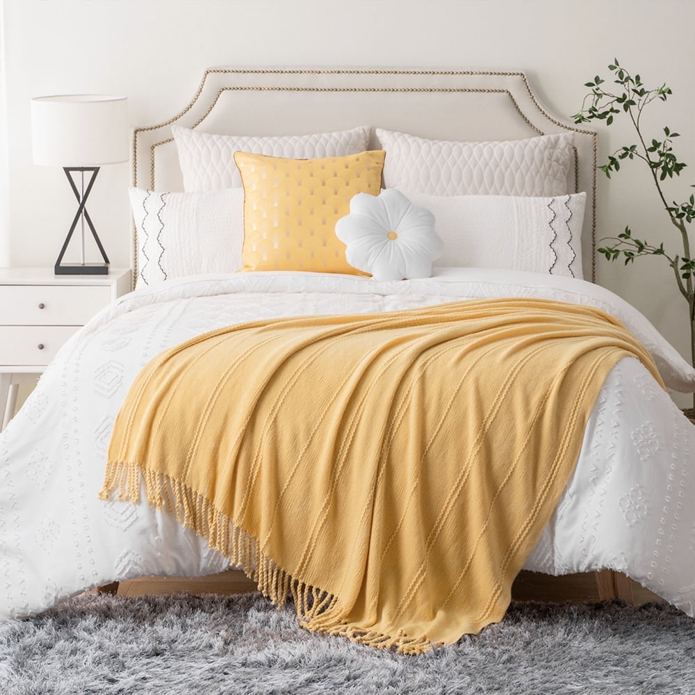 Battilo Yellow Throw Blanket for Couch, Knitted Mustard Throw Blankets ...