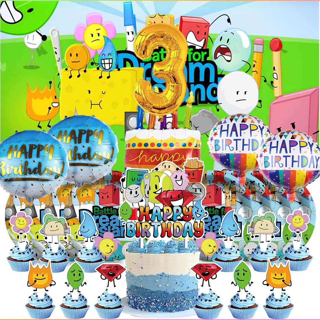 Battle-Dream Island 3rd Tableware Balloons Cake Toppers Backdrop Banner Supplies Party Decor ...