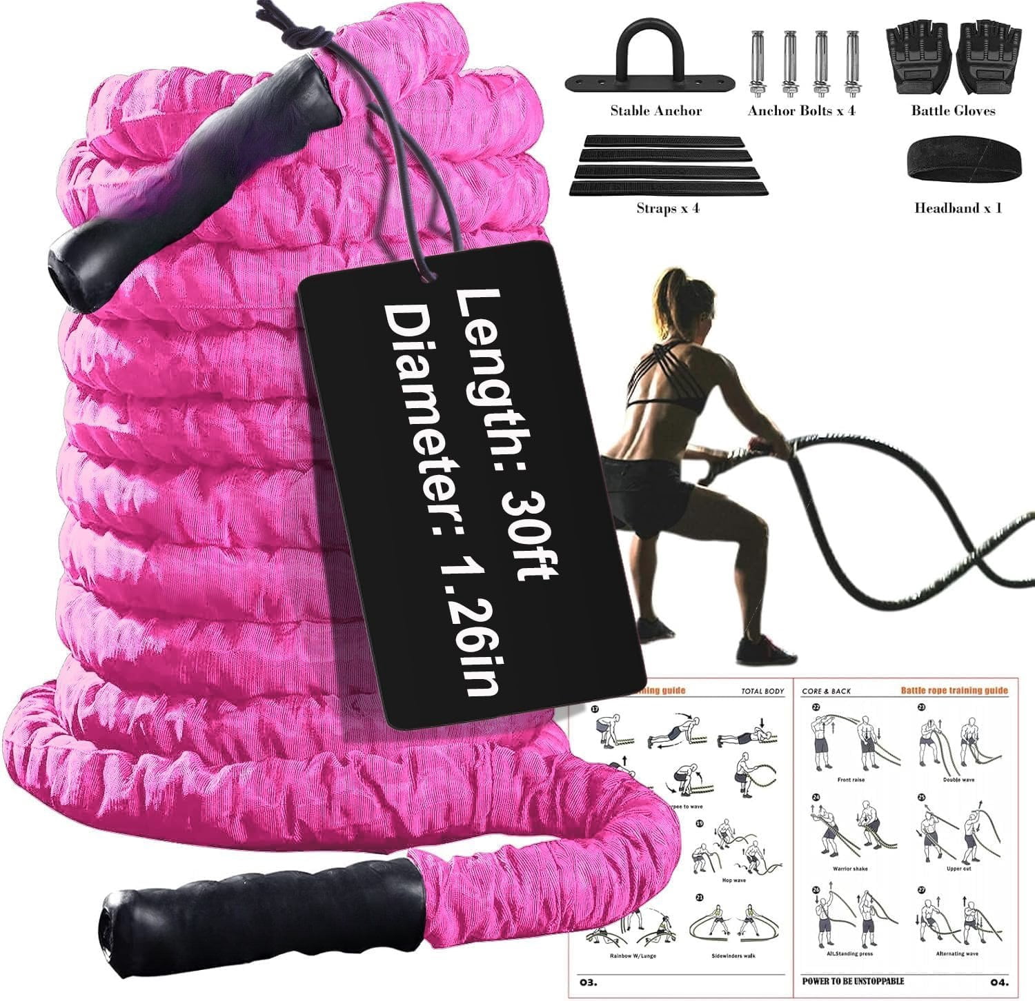 Battle Rope 1/1.26/1.5/2 Inch Diameter, 30FT/40FT/50FT Exercise Workout ...