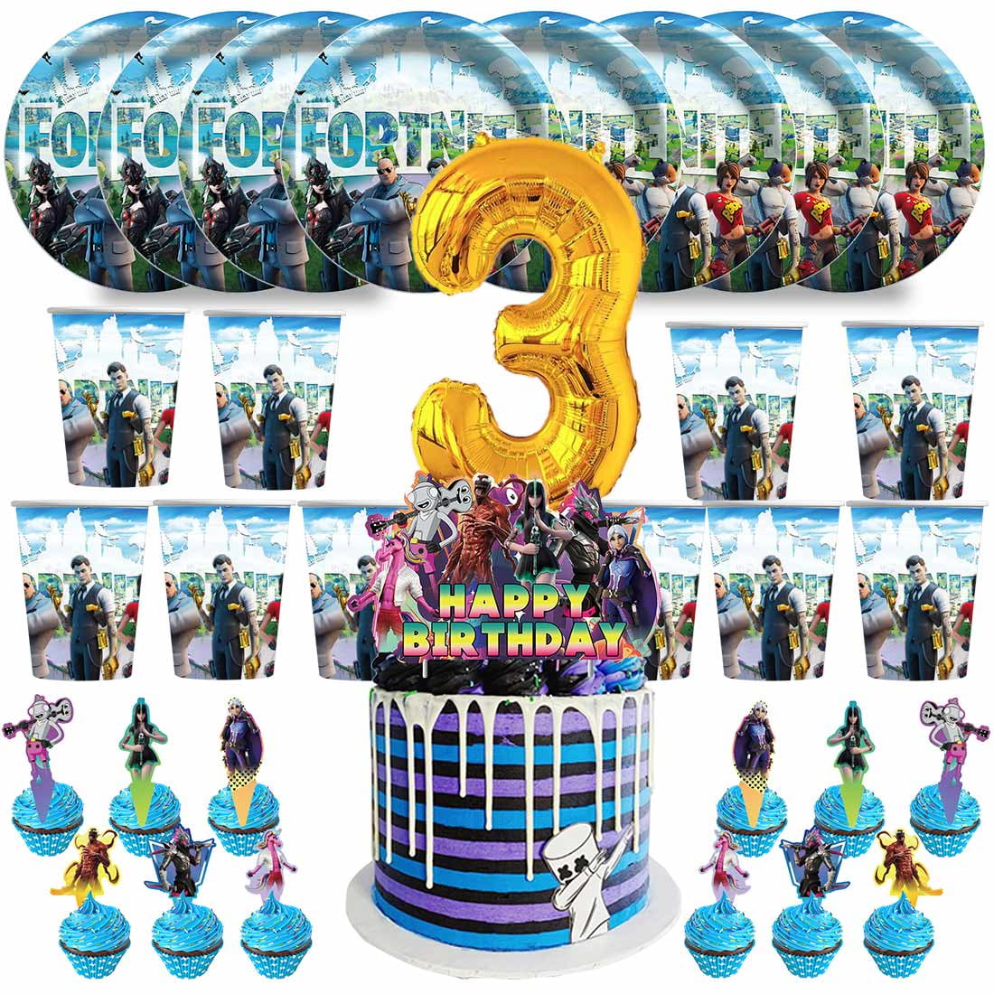 Battle Royale Fort Video Game Birthday 3rd Cups Party Supplies Plates ...