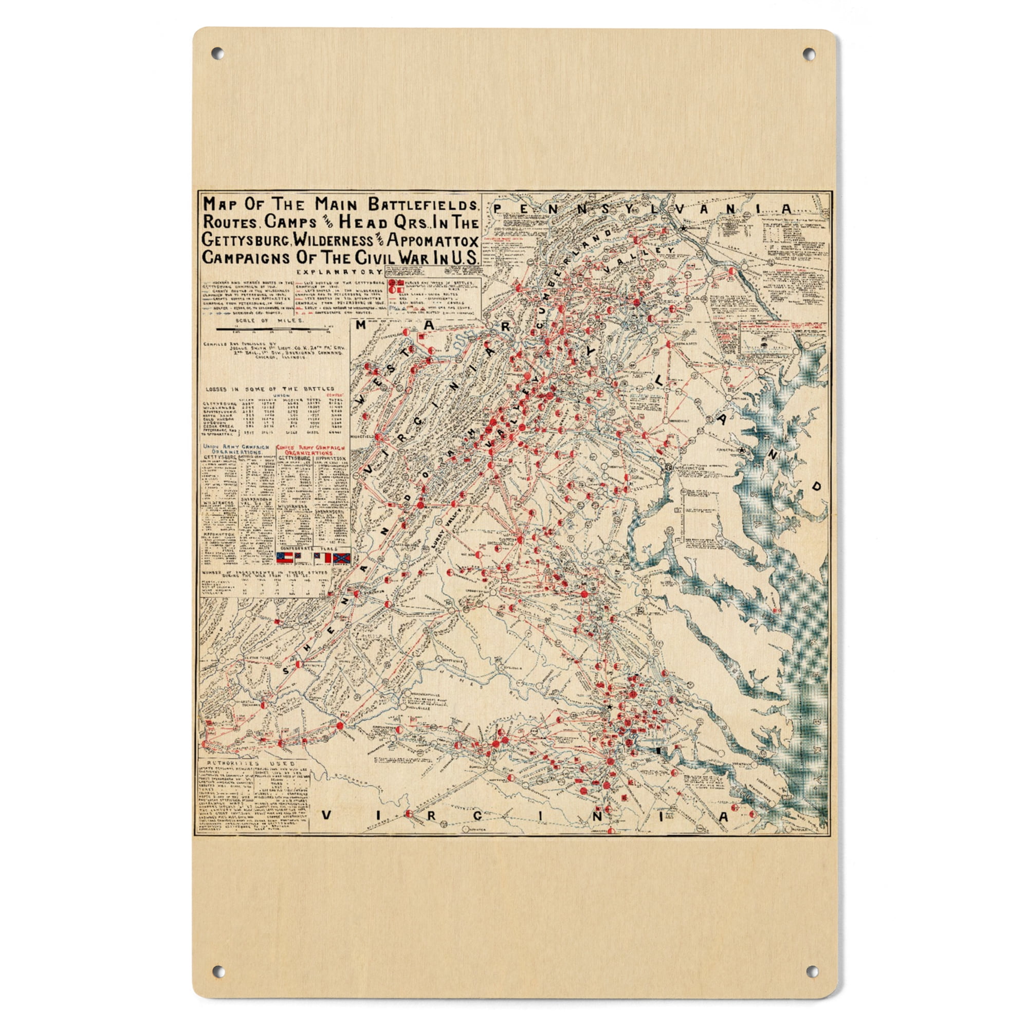 Battle of Gettysburg, Civil War Panoramic Map Birch Wood Wall Sign (6x9 ...