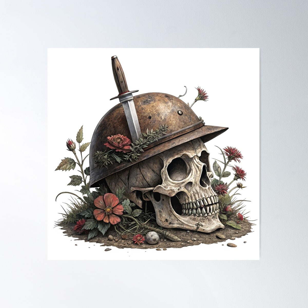 Battlefield Skull Wearing Rusty Steel Helmet Poster Wall Art, Modern ...