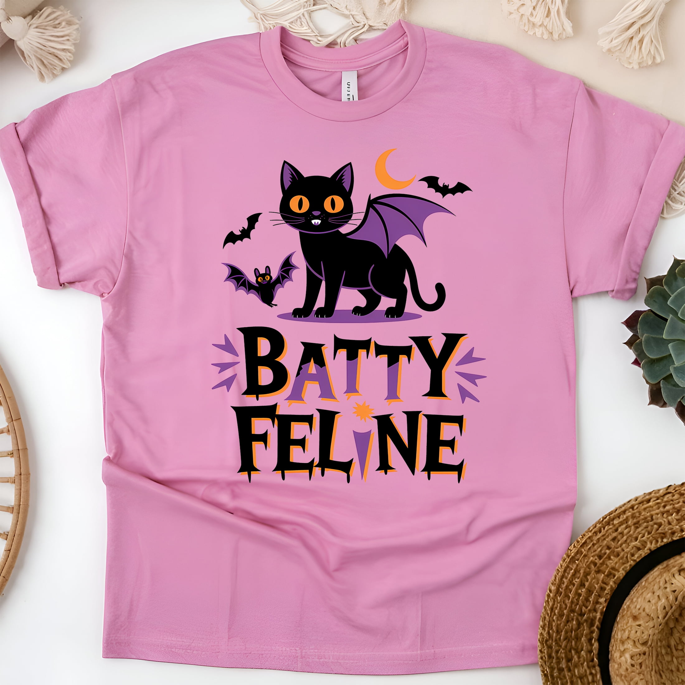 Batty Feline Black Cat T-Shirt for Adults, Funny Halloween Bat Wing Tee, Azalea, Size 2XL ...