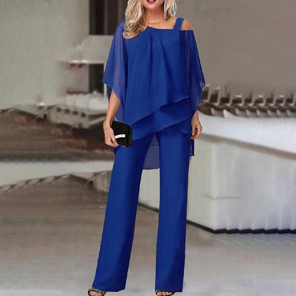 Batwing sleeve top and trousers irregular elegant two-piece set ...
