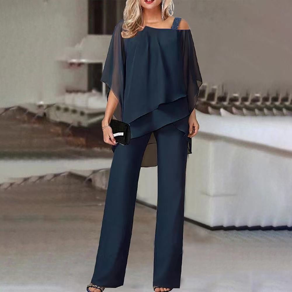 Batwing sleeve top and trousers irregular elegant two-piece set ...
