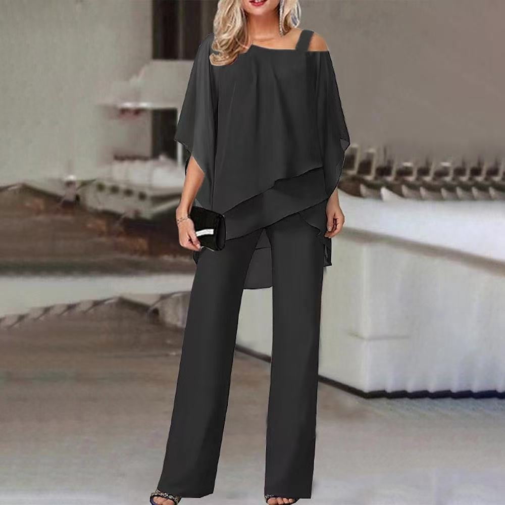 Batwing sleeve top and trousers irregular elegant two-piece set ...