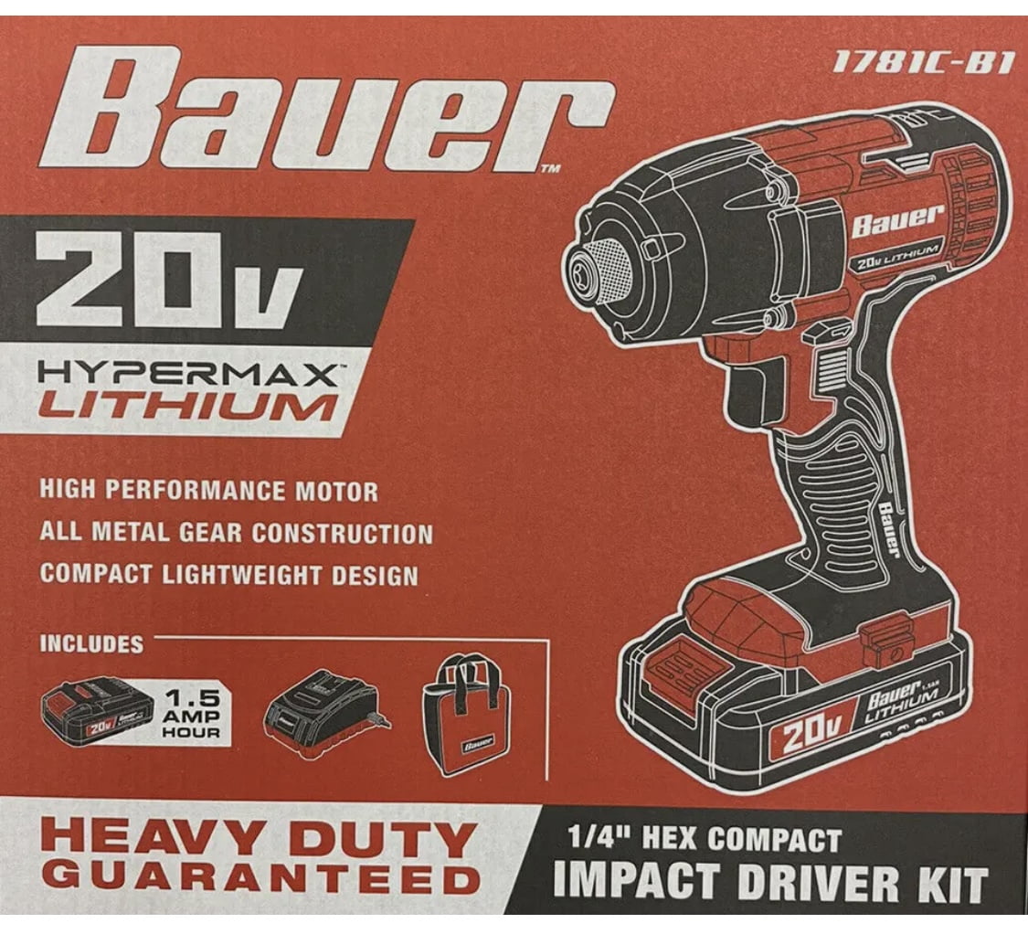 Bauer 20V Heavy Duty Cordless Impact Driver Set, 1/4in Hex, Compact ...