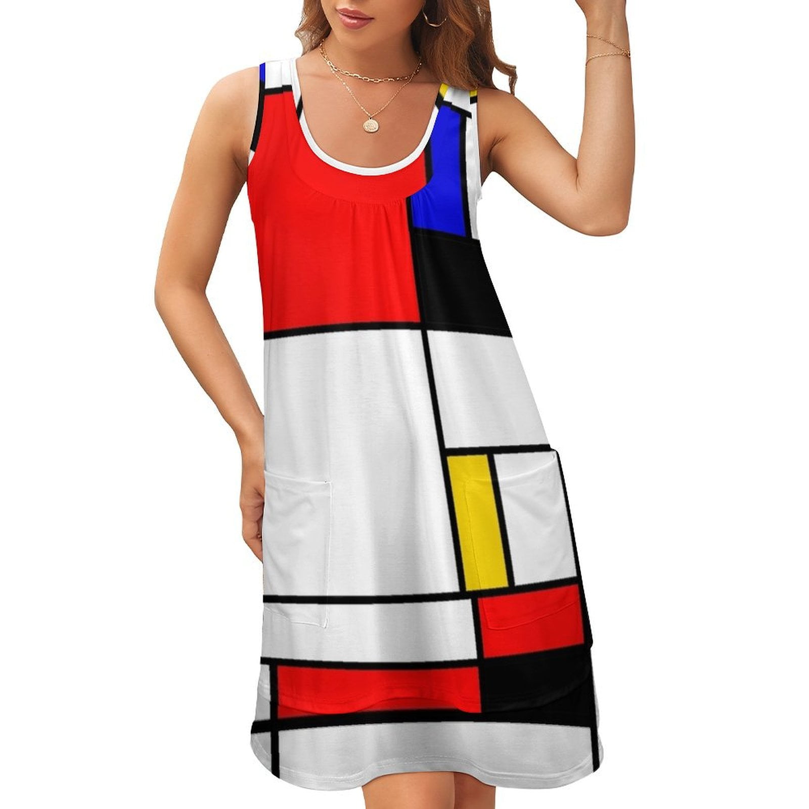 Bauhouse Mondrian Style Sleeveless U-Neck Fake Two Piece Dress beach ...