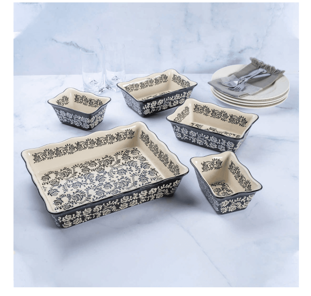 Baum Floral Vines 5-Piece Ceramic Bakeware Set with Rectangular and ...