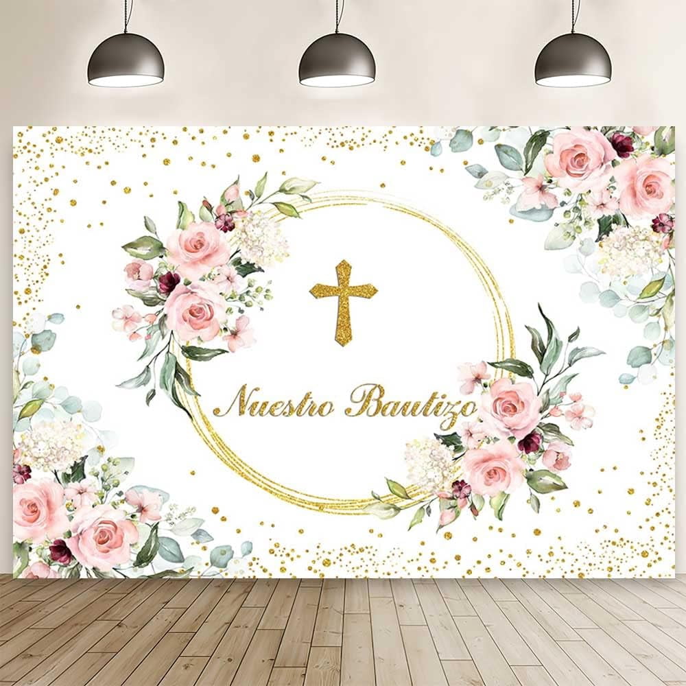 Bautizo Backdrop for Girl Pink Floral Baptism First Holy Communion ...