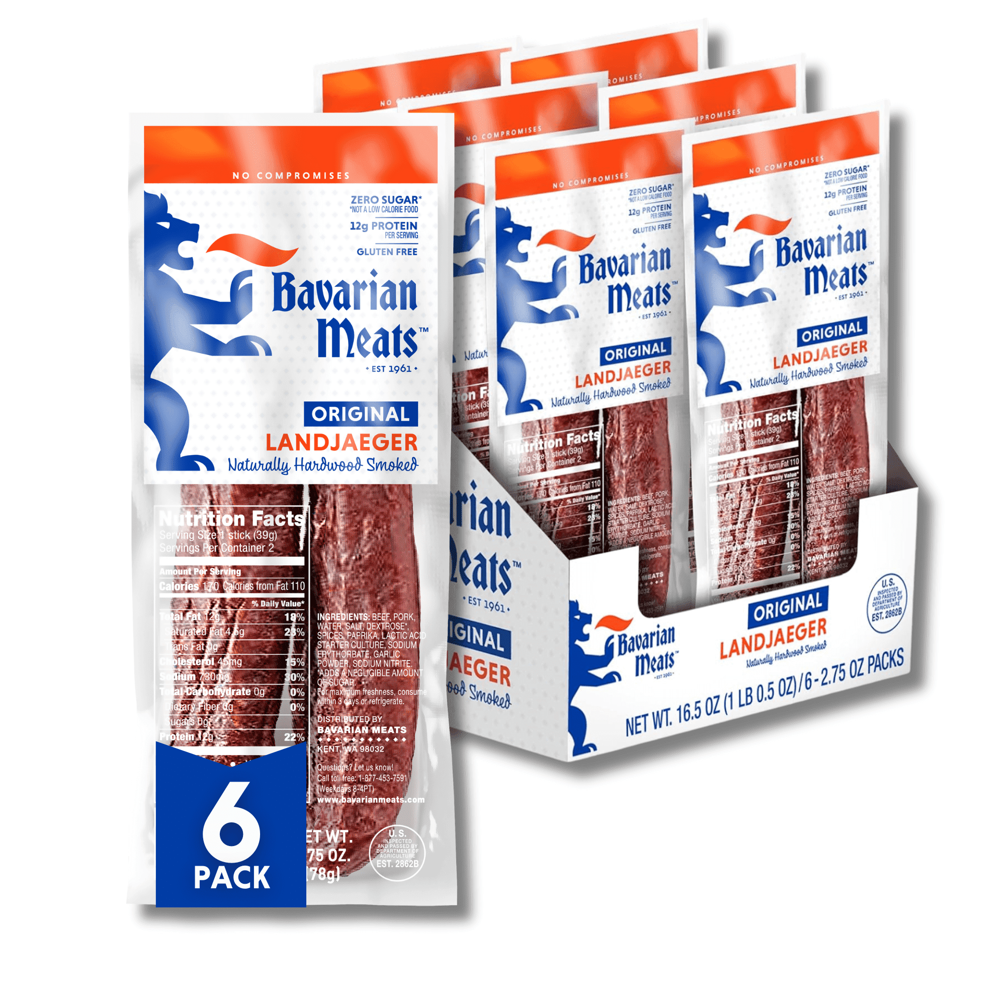 Bavarian Meats, Original Landjaeger Sausage, 2.75oz Pack of 6 - Walmart.com
