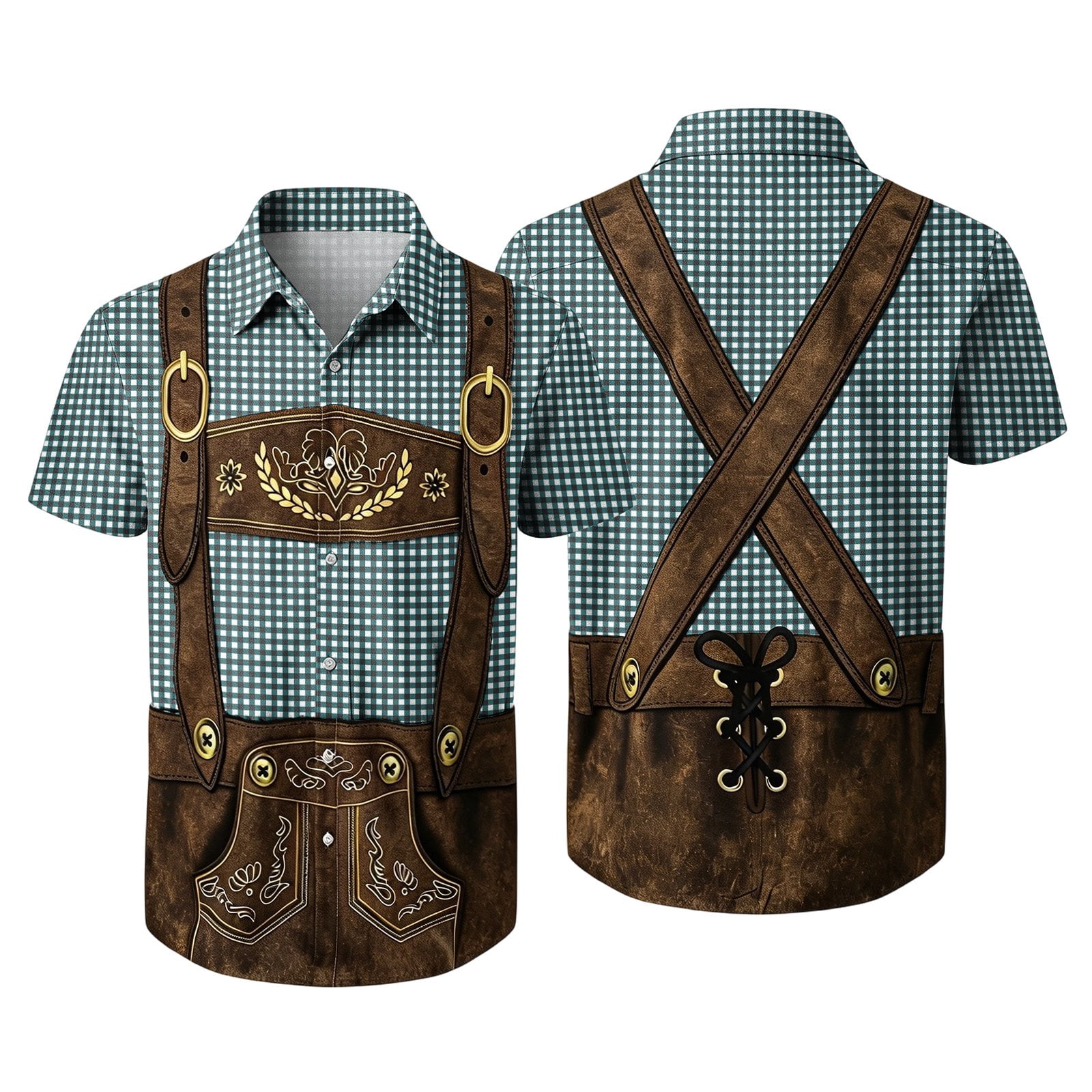 Bavarian Oktoberfest Men's Lederhosen Print Plaid Shirt, Casual Button ...