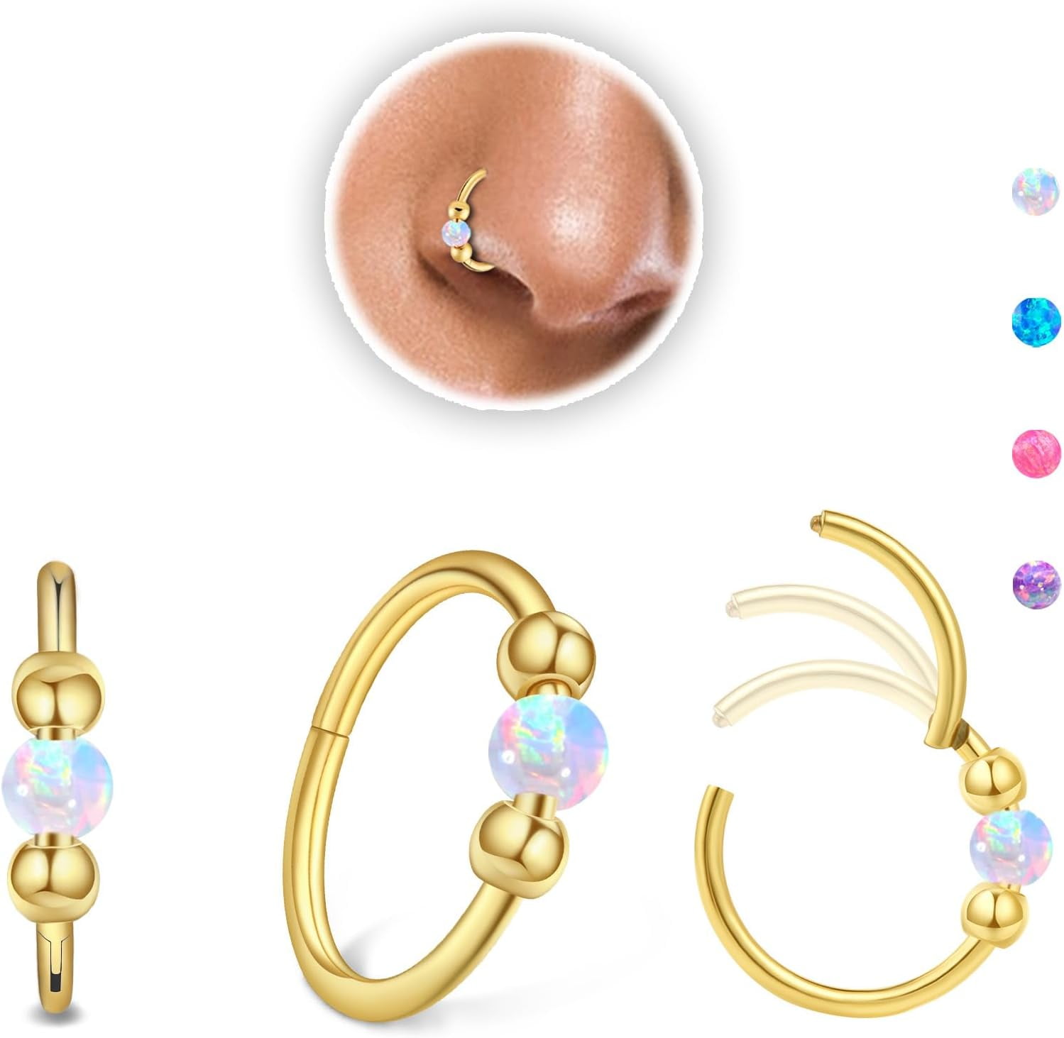 Bavsenic 2PCS 18g Opal Nose Rings for Women Nose Hoops 8mm/10mm 316L ...