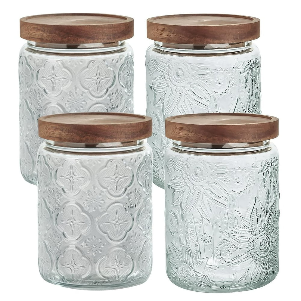 Baweave 24 OZ/4PCS Clear Glass Spice Jars with Bamboo Lids Vintage Wide ...