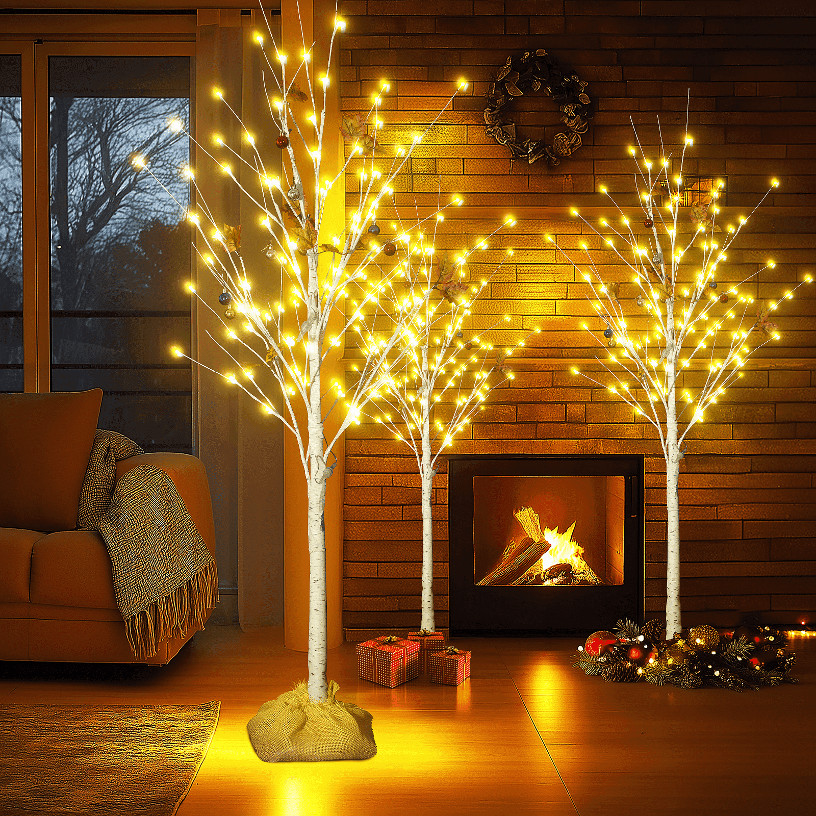Baxluxe 3 Packs Birch Tree with LED Lights, Prelit Artificial Front ...