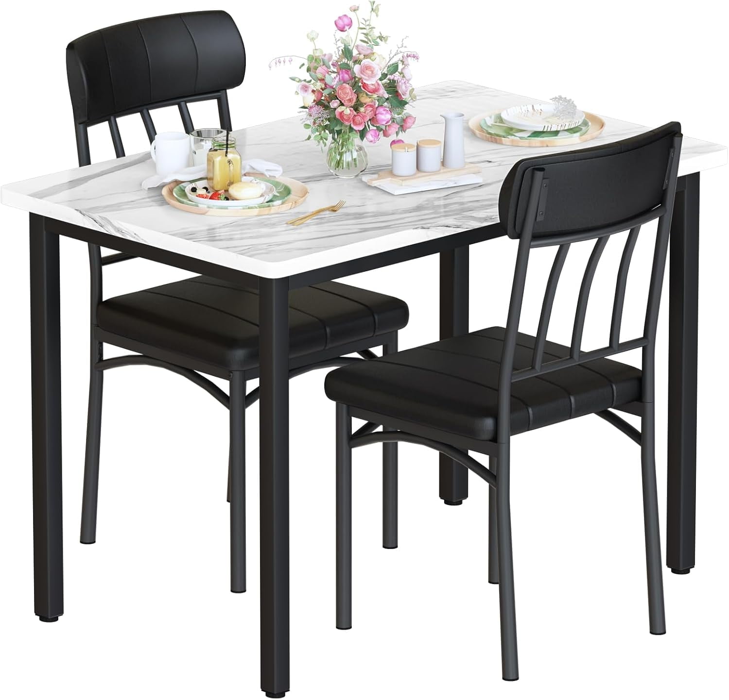 Baxluxe 3 Pieces Dining Table Set, Faux Marble Kitchen Table with 2 ...