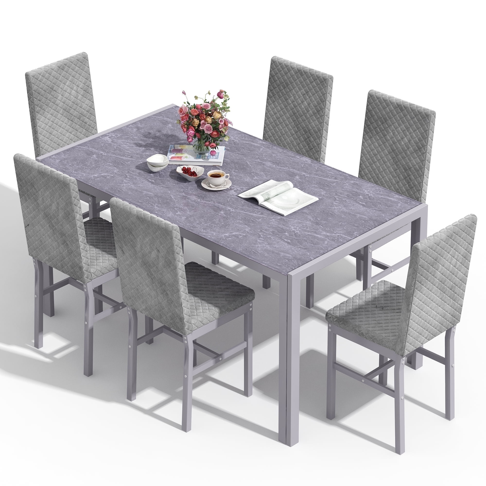 Baxluxe 7 Piece Kitchen Dining Set, Kitchen Table Set for 6, Marble Dining Table and 6 PU ...