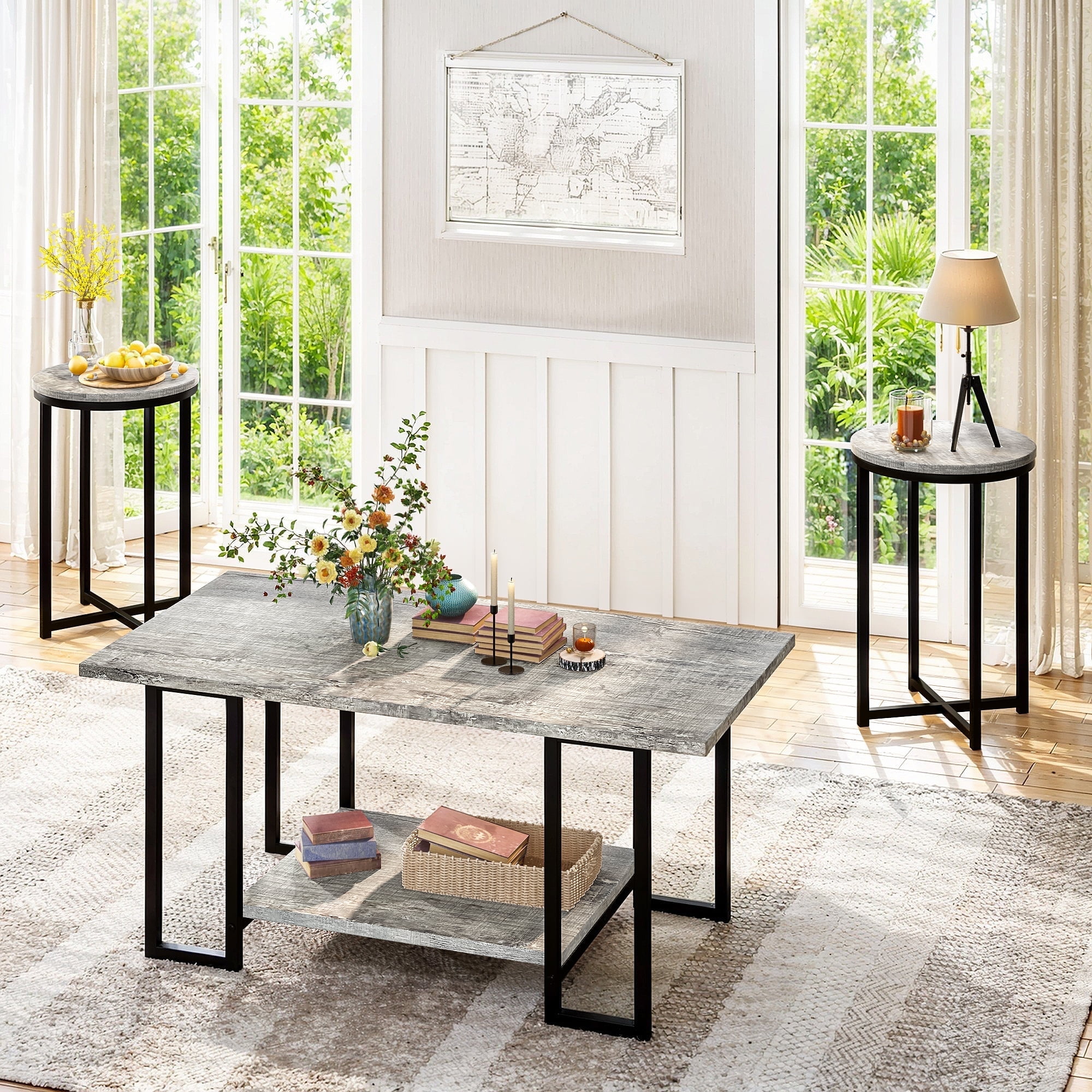 Baxluxe Coffee Table Set of 3, Faux Marble Coffee Table with 2 Round ...