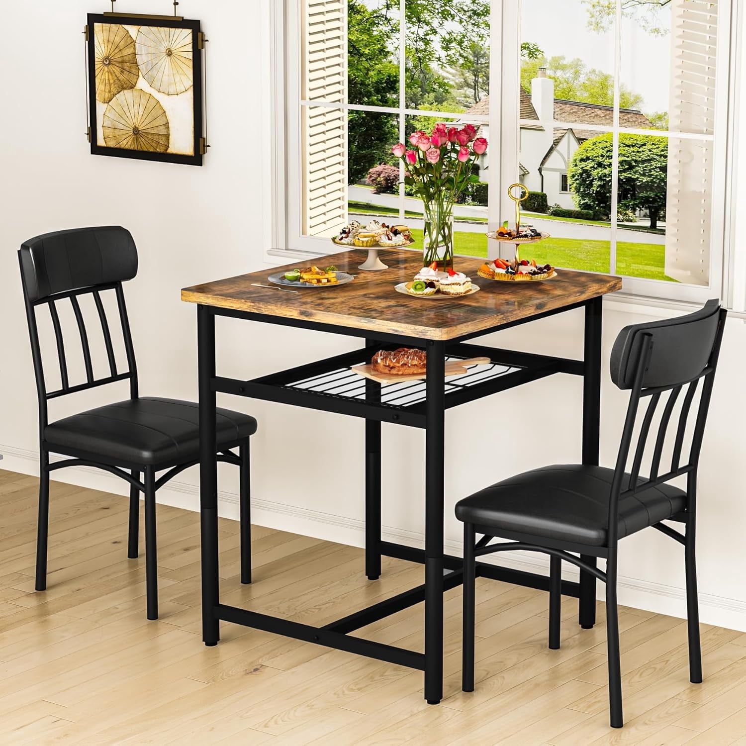 Baxluxe Dining Set for 2 with Solid Wood Tabletop with Storage Shelf ...