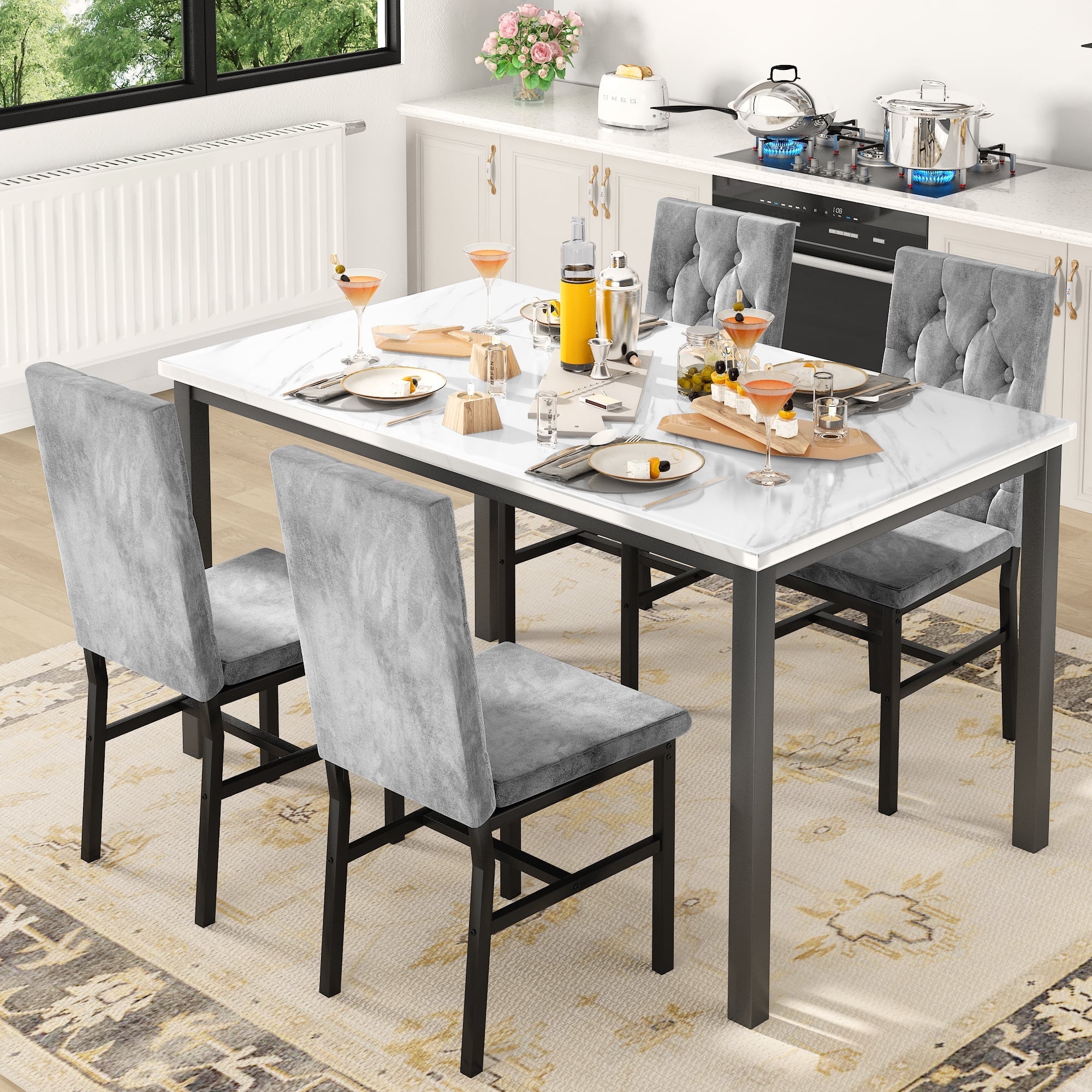 Baxluxe Dining Table Set for 4, Faux Marble Kitchen Table with 4 Tufted ...