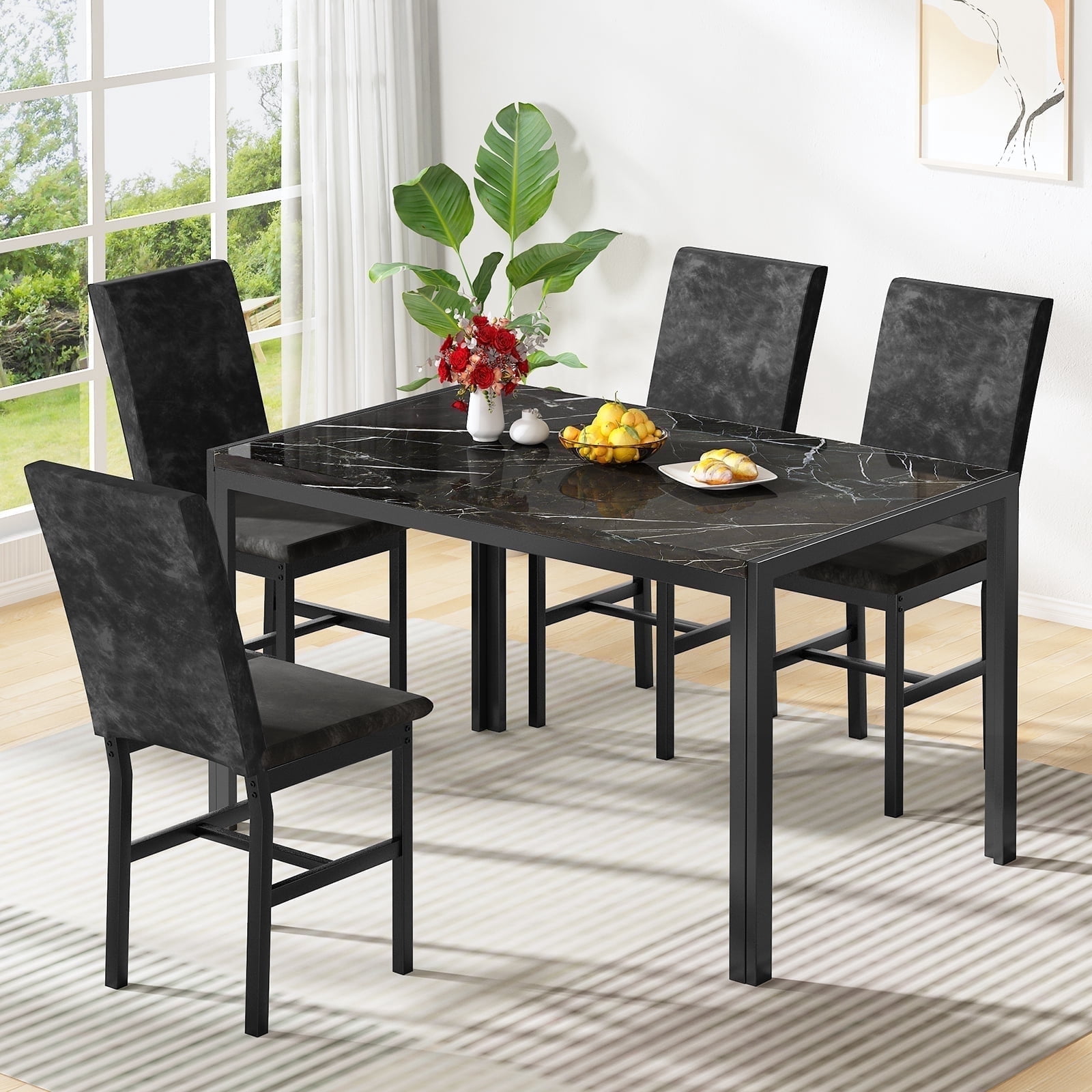 Baxluxe 4-Person Dining Table and Chairs Set, Faux Marble Kitchen Table ...