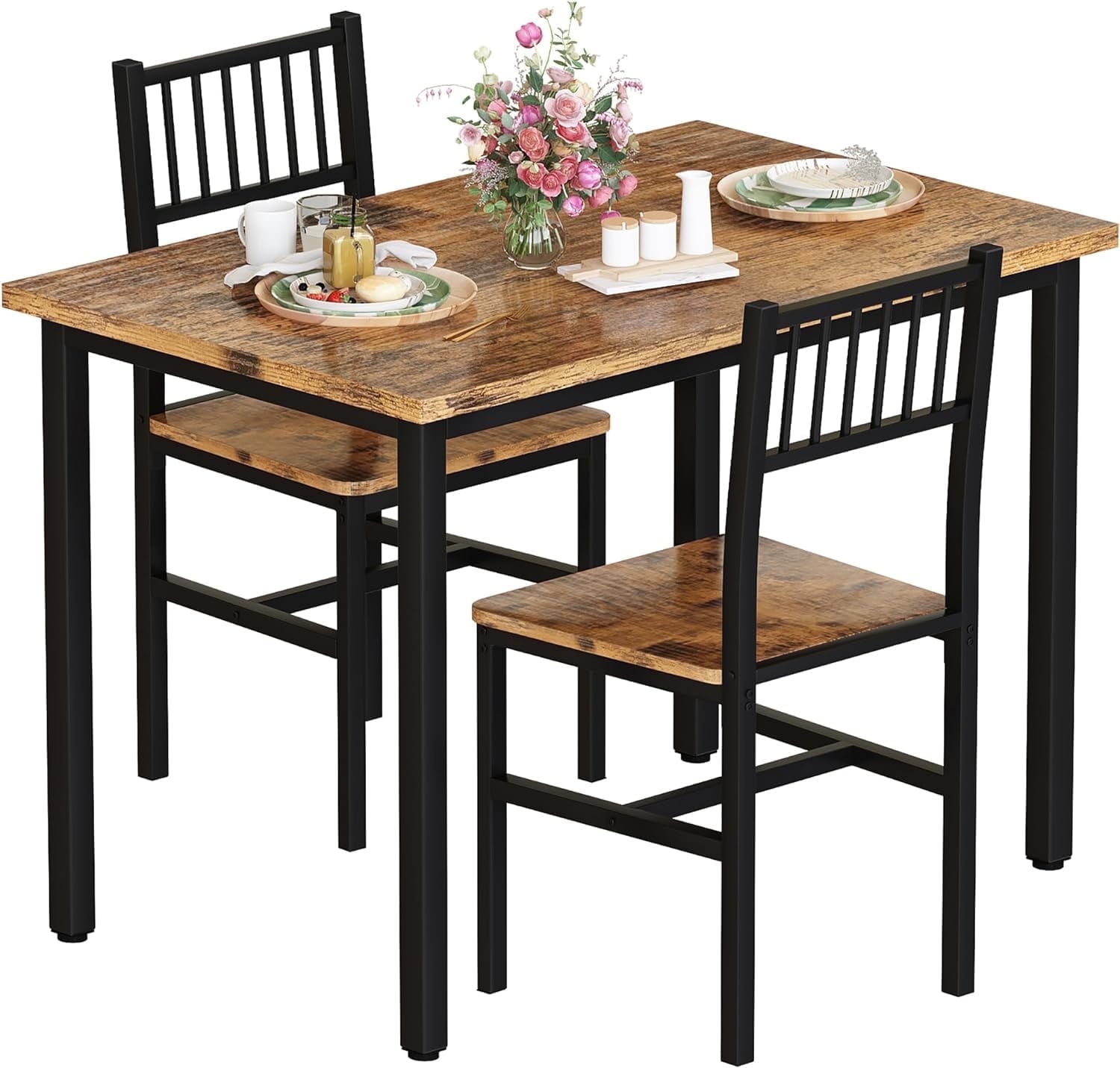 Baxluxe Dining Table Set, Rustic Kitchen Table and 2 Chairs with Metal ...