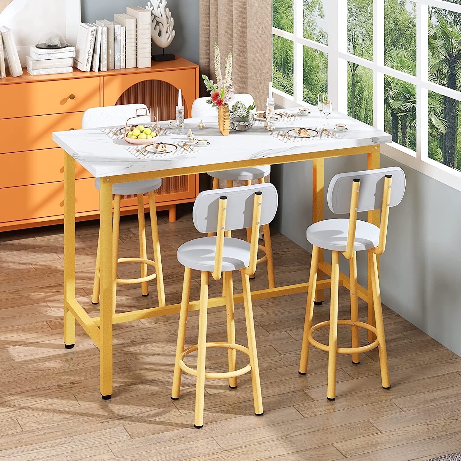 Baxluxe Dining table set for 4, faux marble tavern table and chairs set ...