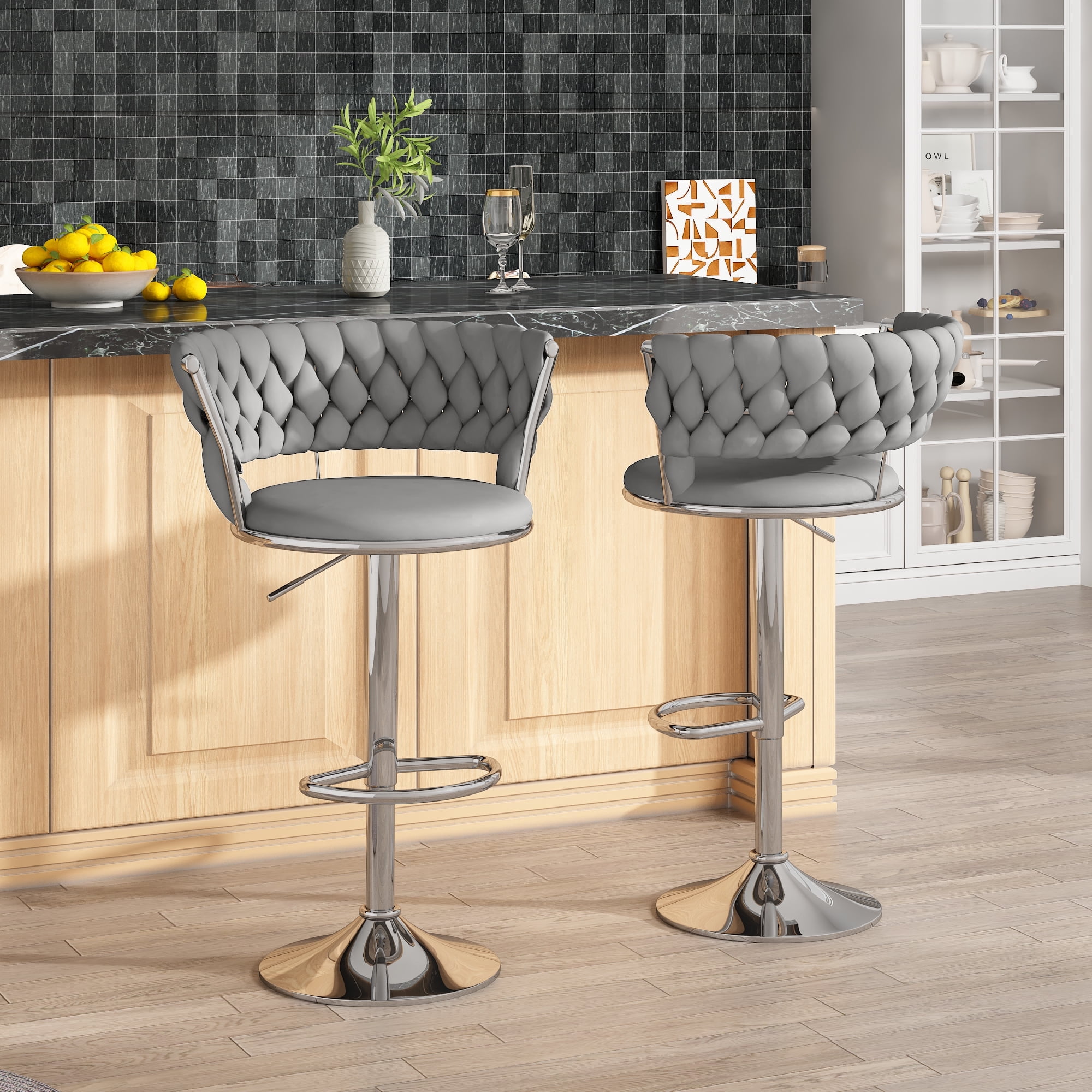 Baxluxe Gray Bar Stools, Set of 2 Swivel Bar Chairs with Footrest ...