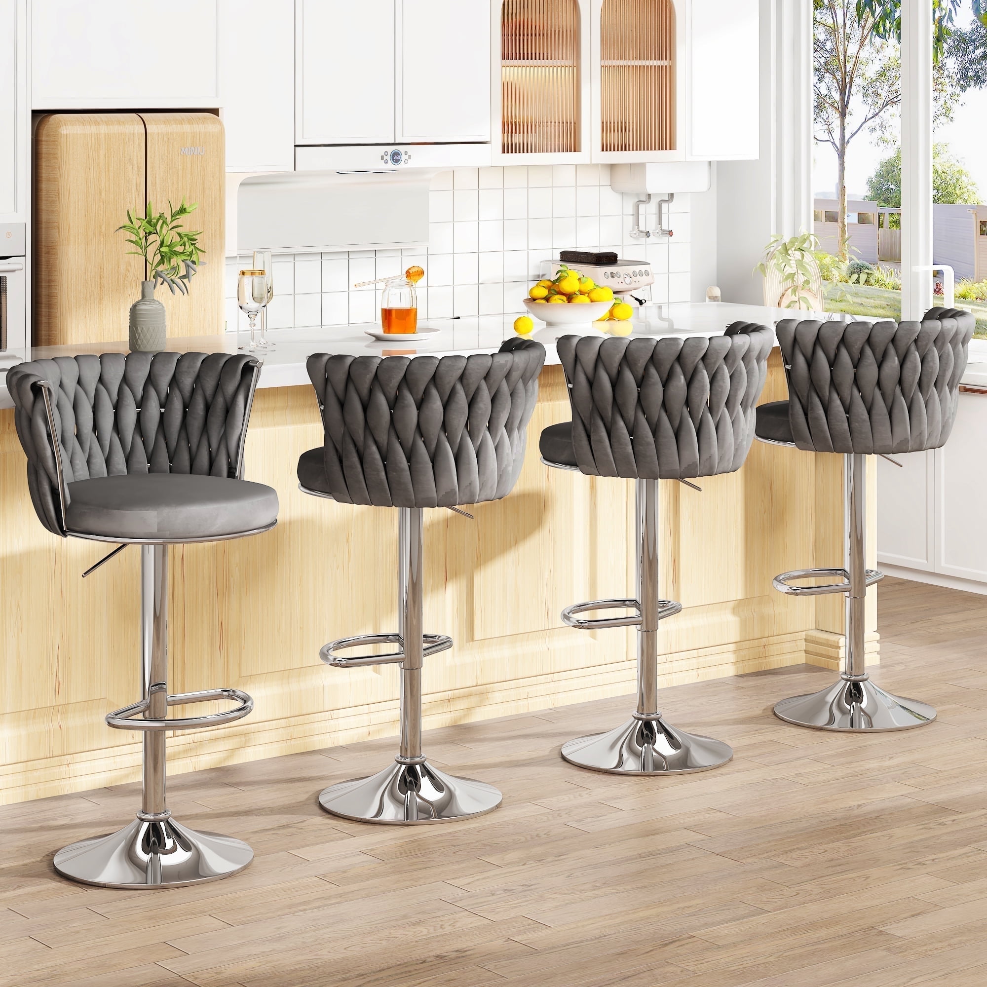 Baxluxe Swivel Bar Stools Set of 4, Height Adjustable Velvet Bar Chair ...