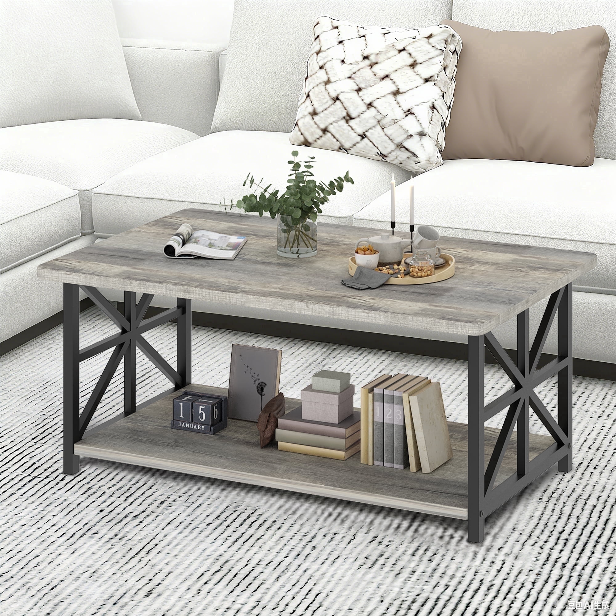 Baxluxe Gray Coffee Table for Living Room, Rectangular Wooden Coffee ...