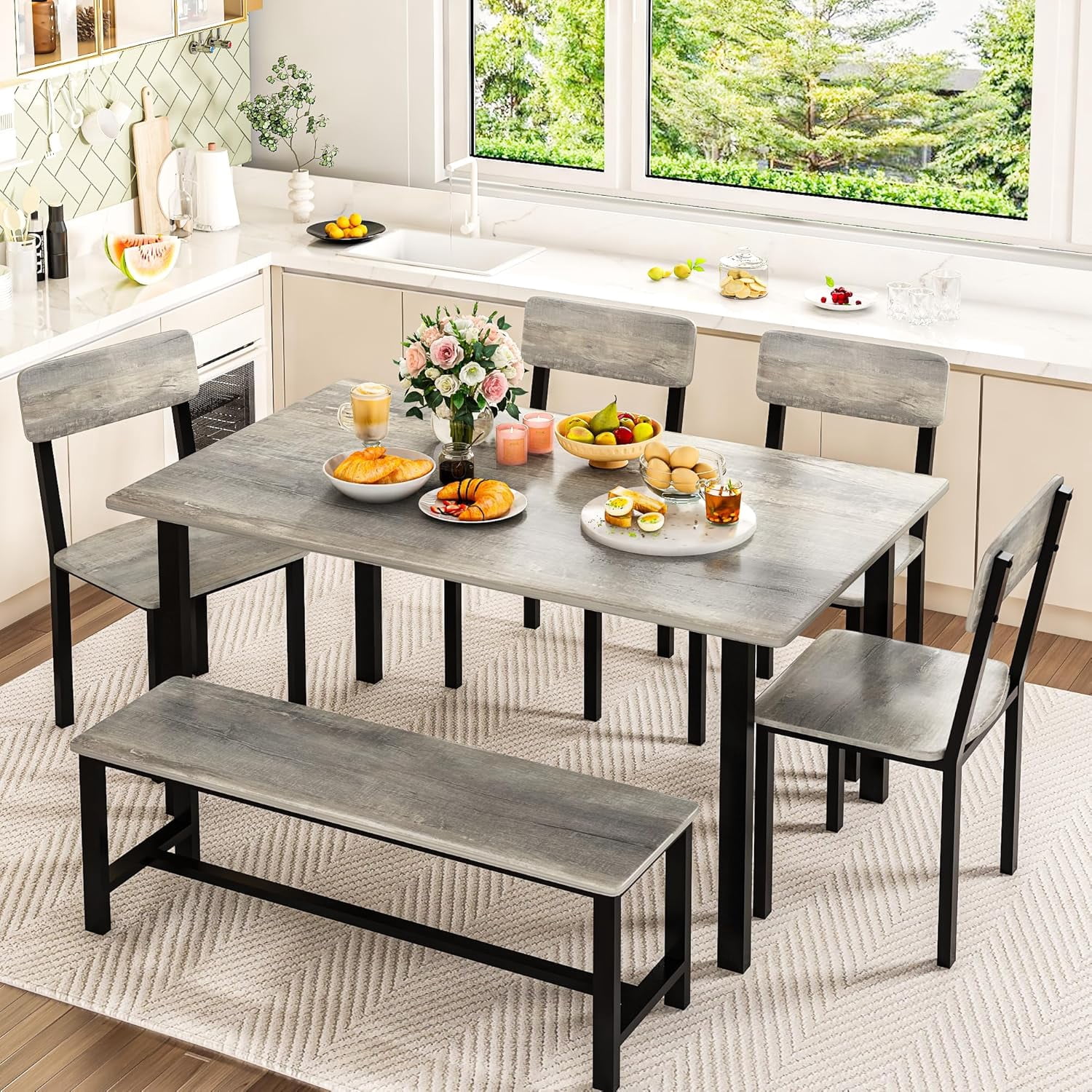 Baxluxe Large Dining Table Set for 6, Rectangular Kitchen Table with 4 ...