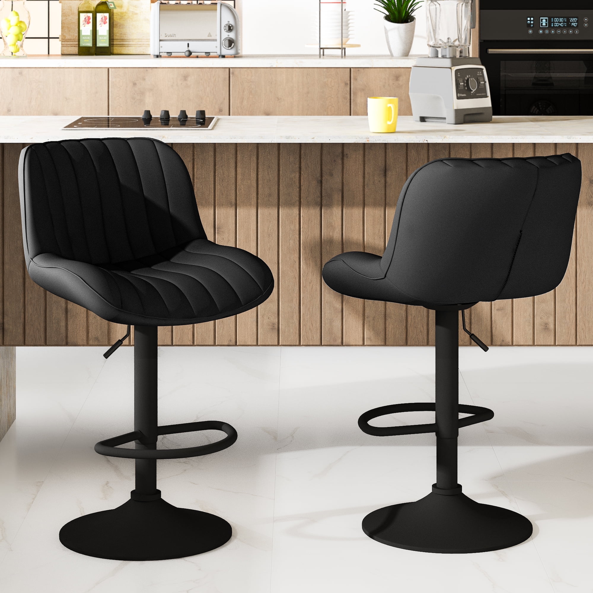 Baxluxe Leather Bar Stools Set of 2, Swiver High Stool Bar Chairs with ...