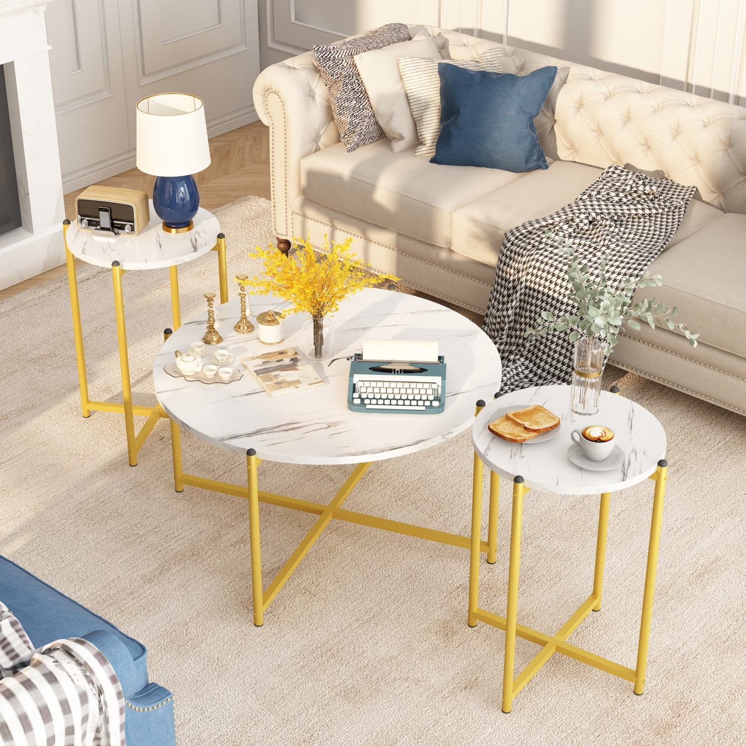 Baxluxe 3 Pieces Coffee Table Set of 3, Faux Marble Center Table with 2 ...