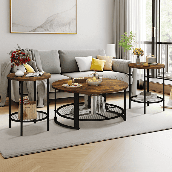 GVN 31.5" Wooden Circle Coffee Table with Storage Shelf and Metal Frame ...
