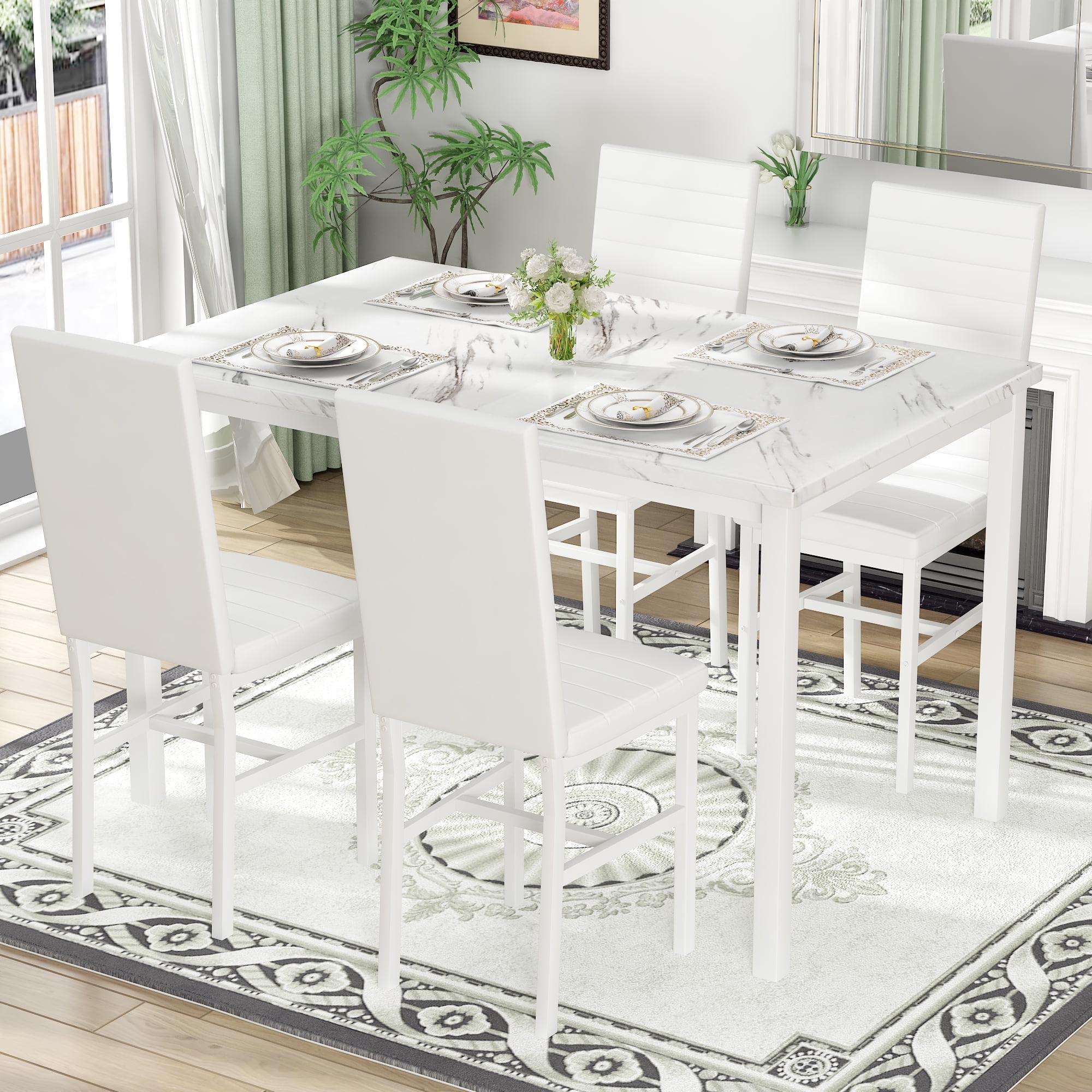 Baxluxe White Dining Table Set for 4, Faux Marble Kitchen Table and ...