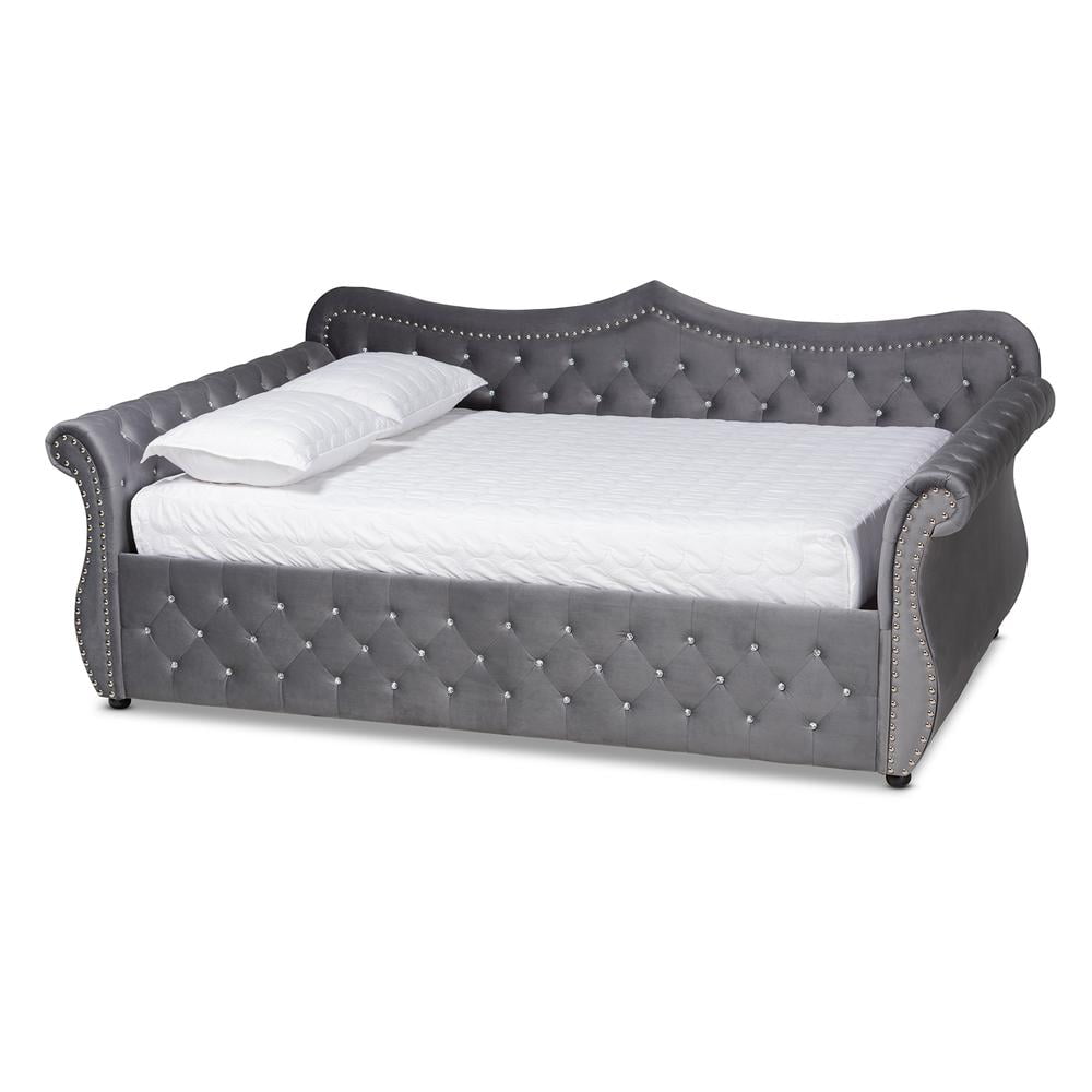 Baxton Studio Abbie Gray Velvet and Crystal Tufted Queen Size Wood ...