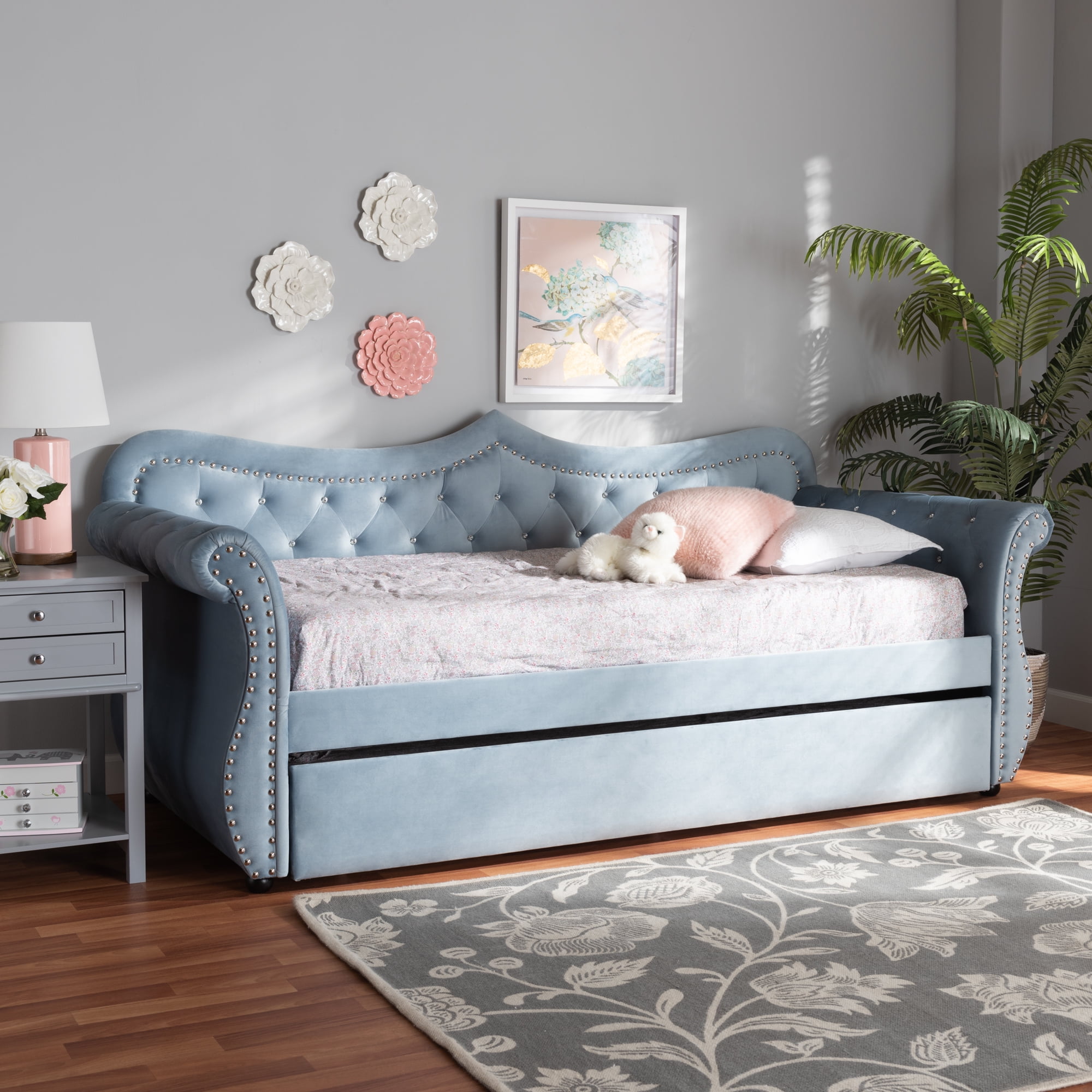 Baxton Studio Abbie Twin Daybed, Light Blue Velvet Upholstery, Crystal ...