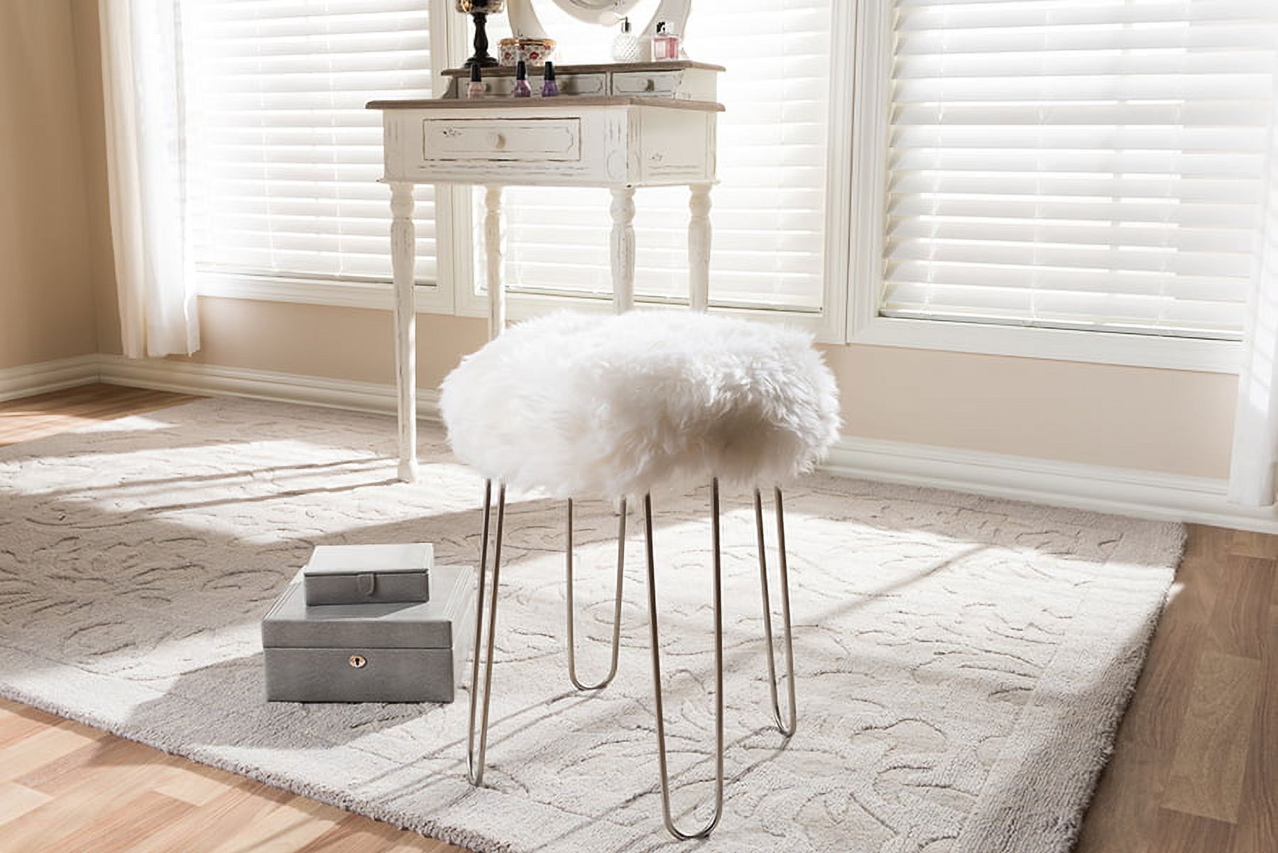 Baxton Studio Alura Modern Glam White Genuine Sheep Skin Ottoman/Glam ...