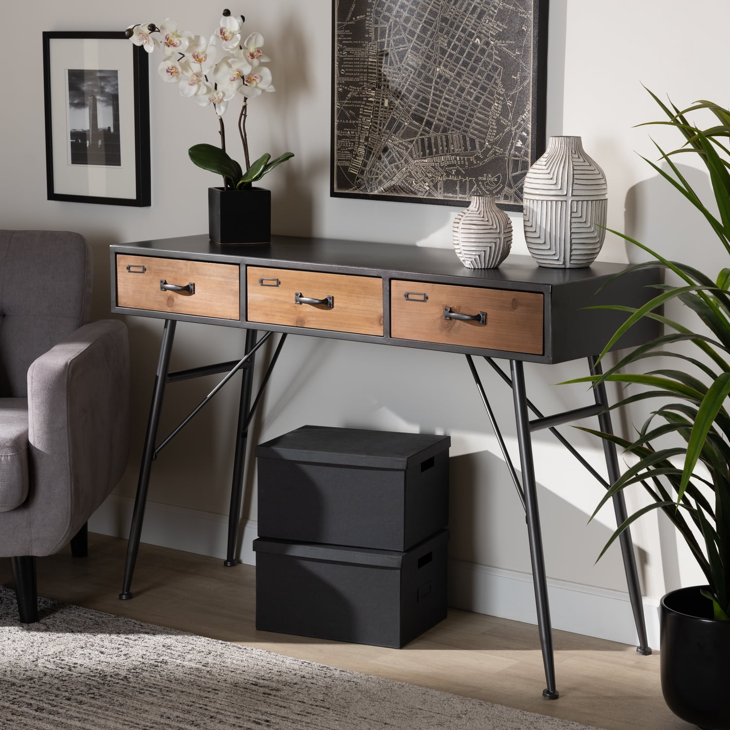 Baxton Studio Ariana Industrial Wood and Metal 3 Drawer Console Table ...